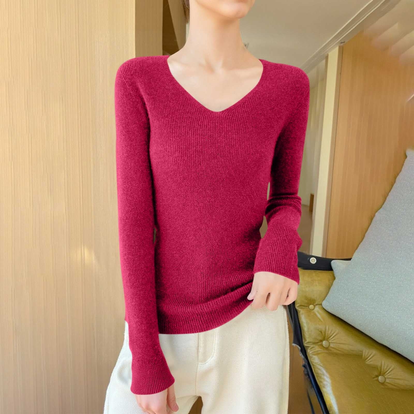 SDNall Women's V-Neck Pullover Sweater, Solid Color Long Sleeve Knit ...