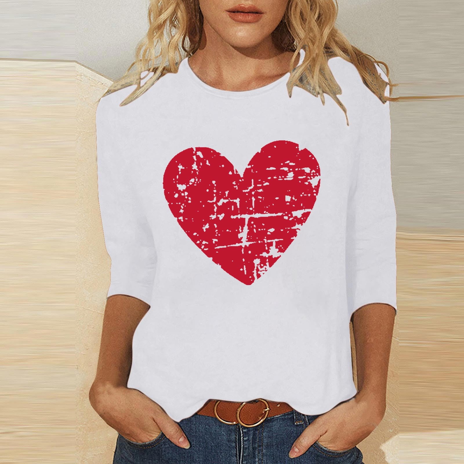 SDNall Women's Valentine's Day Heart Print 3/4 Sleeve T-Shirt - Soft ...