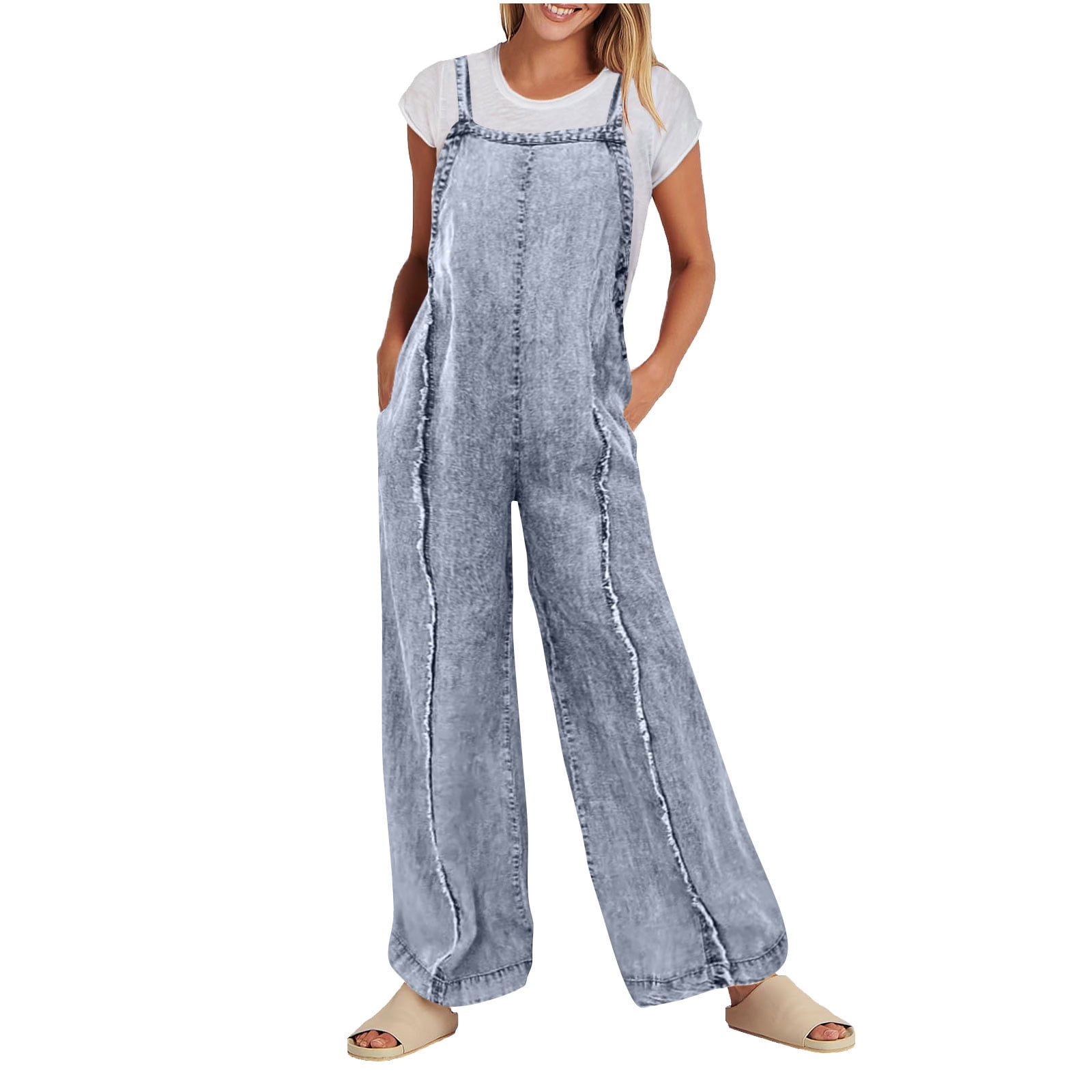 SDNall Womens Overalls Loose Fit Retro Loose Washed Frayed Wide Leg ...