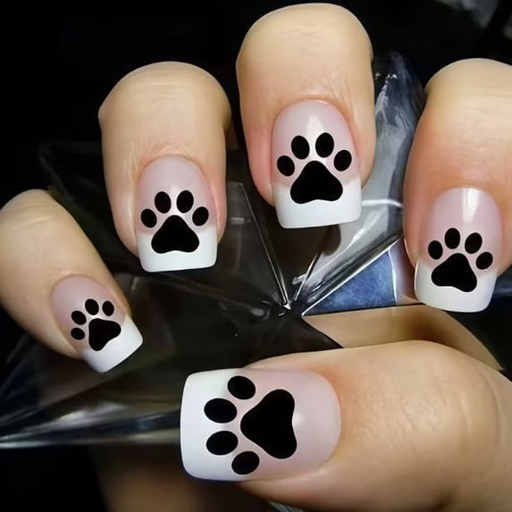 SDOHIG French Cat Paw Soft Cute Pearl Craft Press-On Nails, Short ...