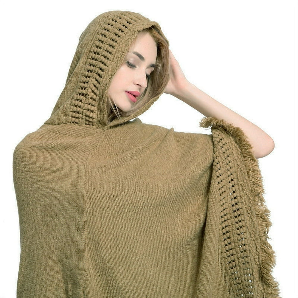 SDOTXA Ladies‘ Hooded Cape with Fringed Hem Crochet Poncho Knitting ...