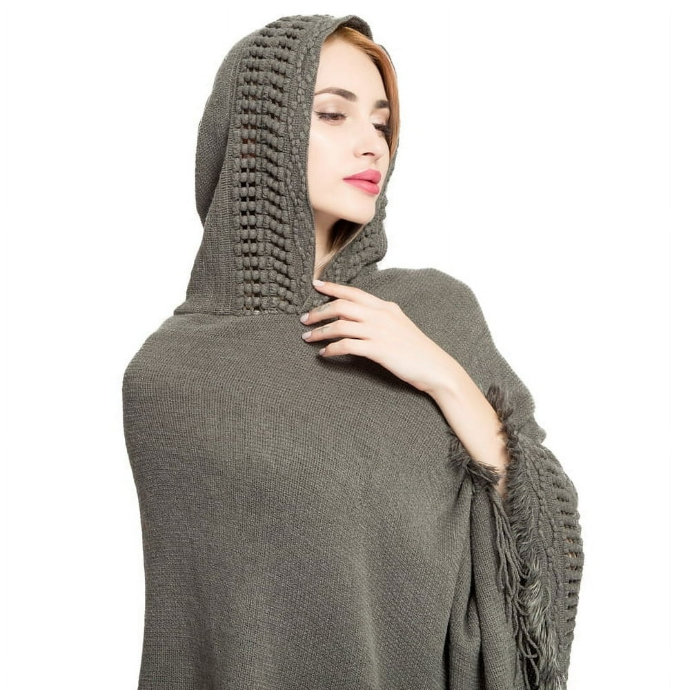 SDOTXA Ladies‘ Hooded Cape with Fringed Hem Crochet Poncho Knitting ...