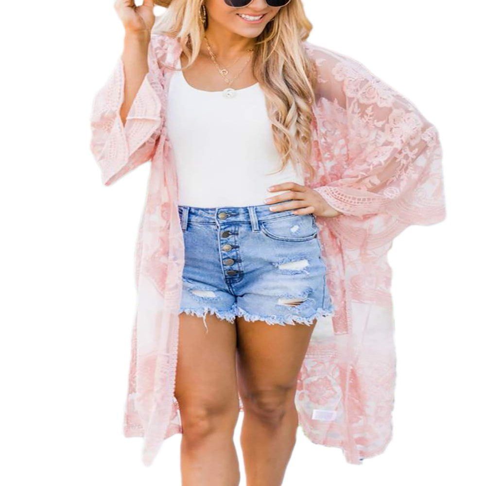 SDOTXA Swim Cover ups for Women Mesh Lace Beach Kimono Cardigan Open ...