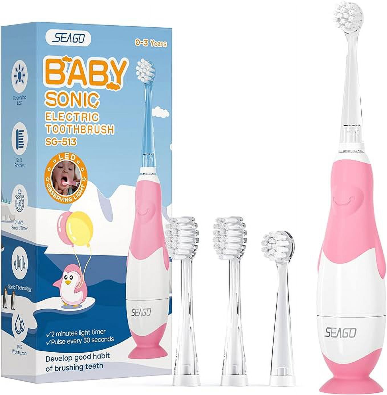 SEAGO Baby Electric Toothbrush for Toddlers from 0 to 3 Years Old, Sonic Toothbrush with LED ...
