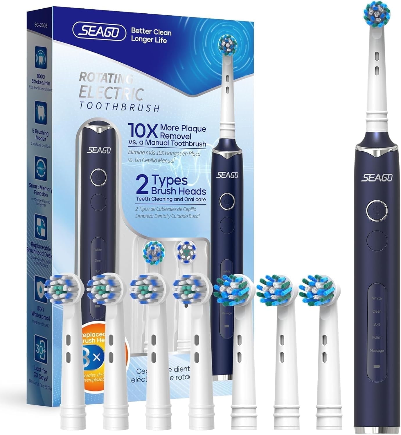 SEAGO Rotating Electric Toothbrush for adult, 8 Brush Heads, 5 Cleaning ...
