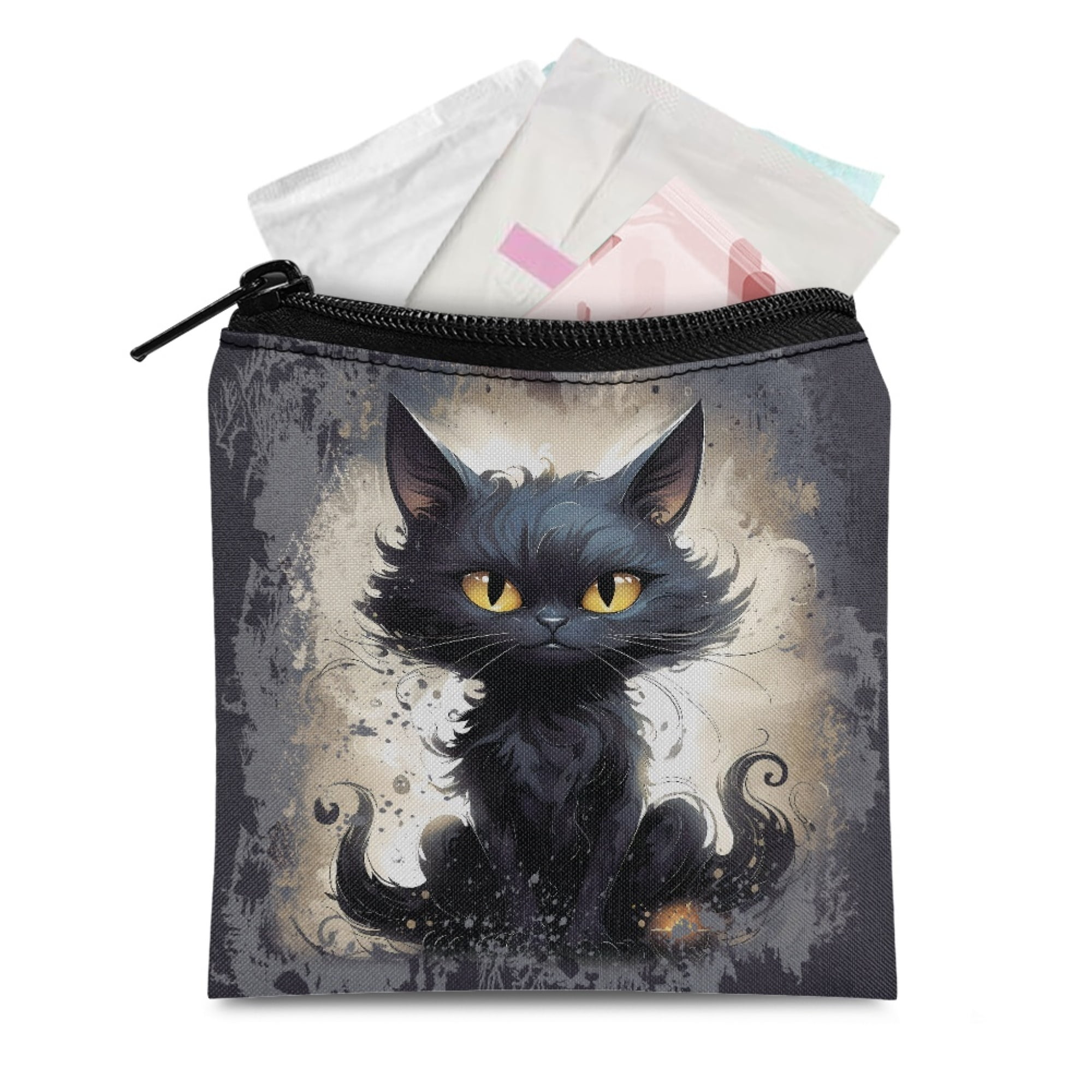 SEANATIVE Black Cat Sanitary Napkin Storage Bag with Zipper Cartoon ...