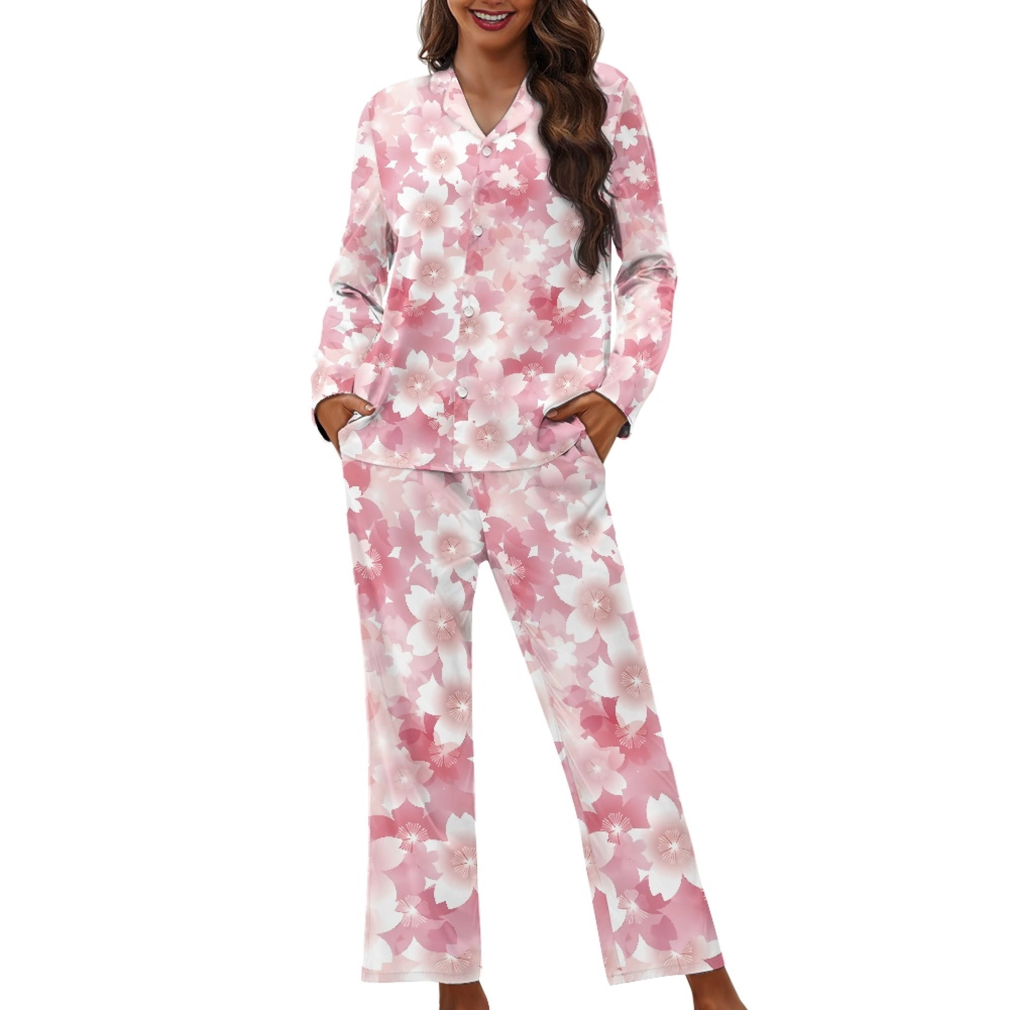 SEANATIVE Cherry Blossom Button Up Pajamas Size XS Pink Long Sleeve ...