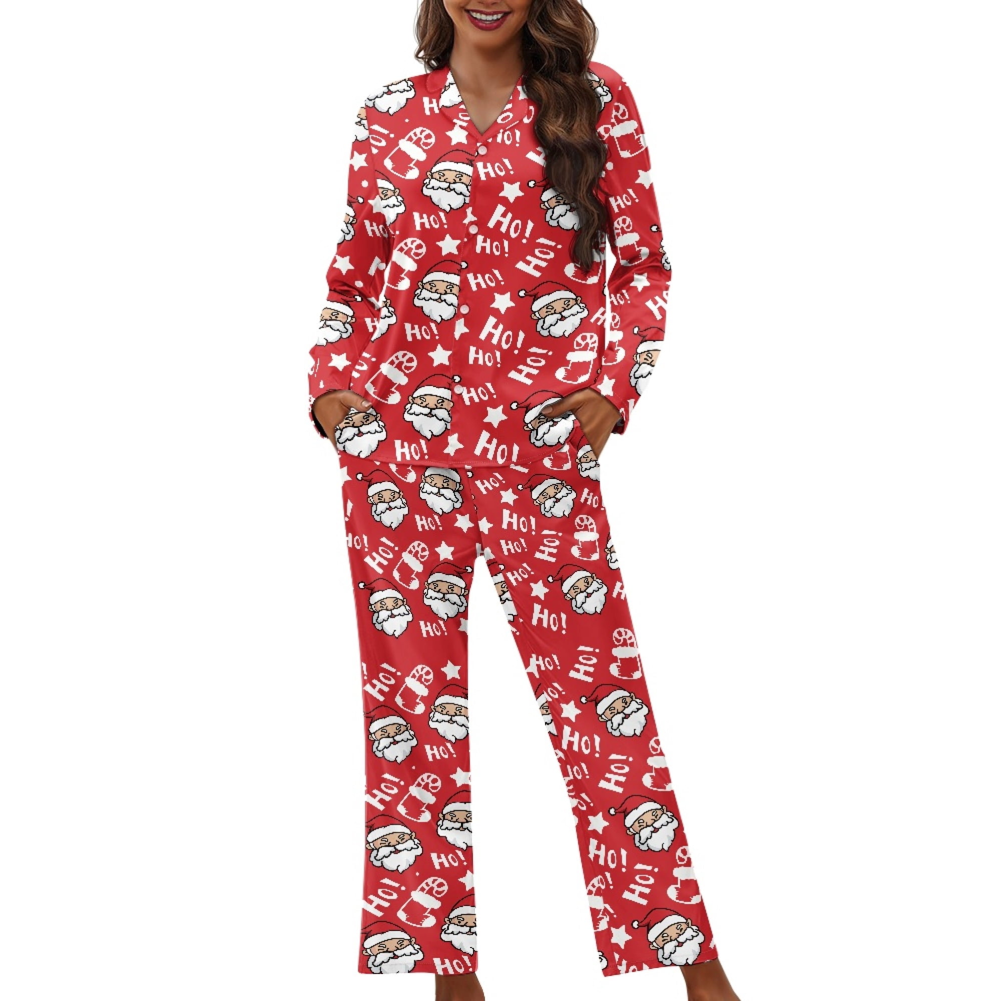 SEANATIVE Christmas Button Up Pajamas for Women 2 Piece Santa Claus ...