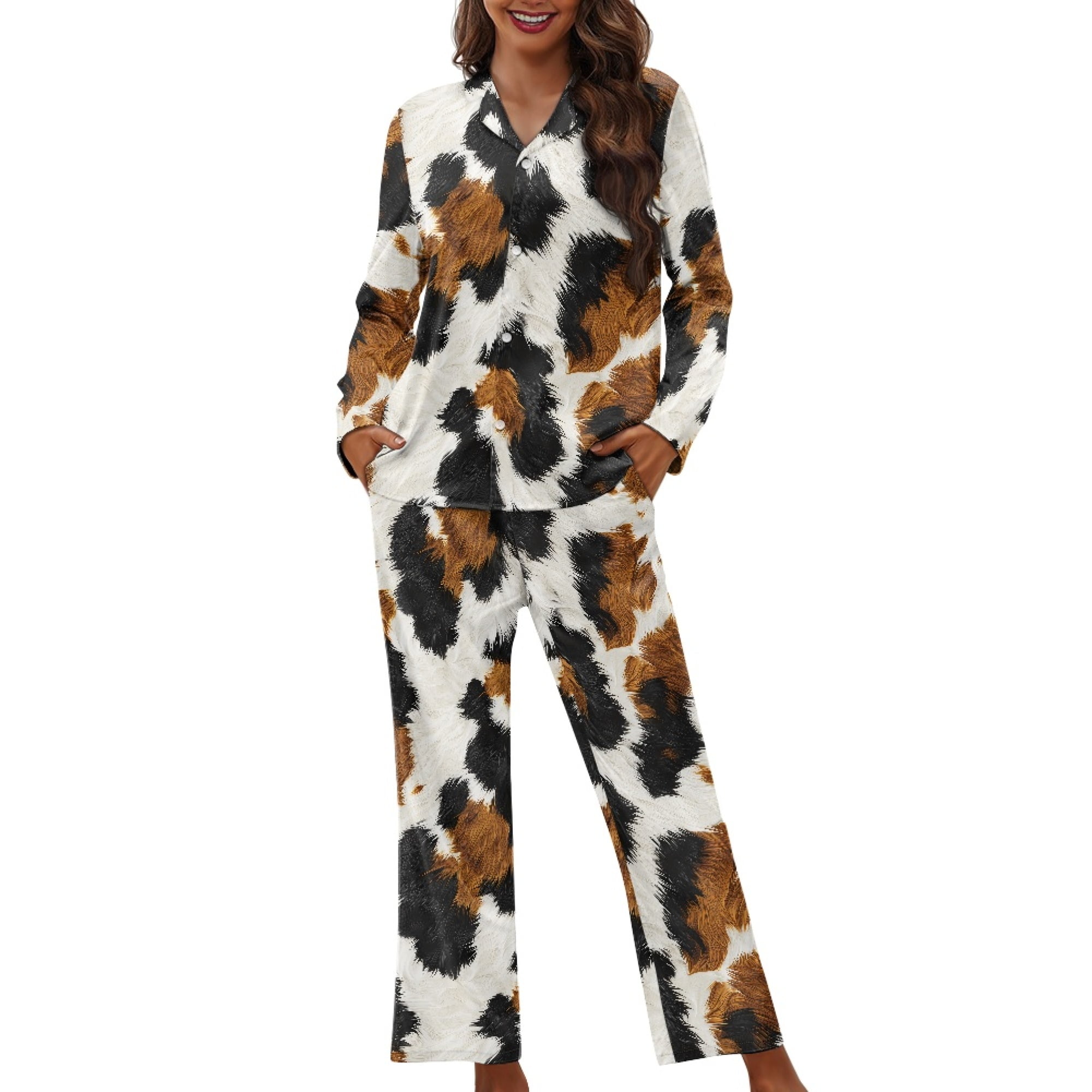 SEANATIVE Cow Print Button Up Pajamas for Women Size 4XL Long Sleeve Pj ...