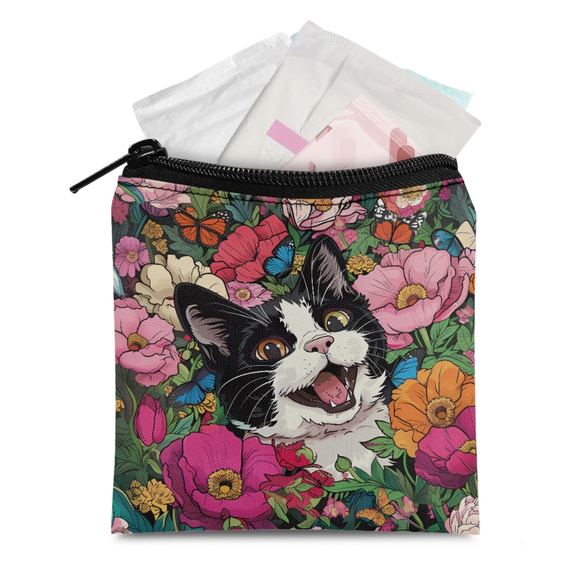 SEANATIVE Funny Cat Flowers Sanitary Napkin Storage Bag for Women ...