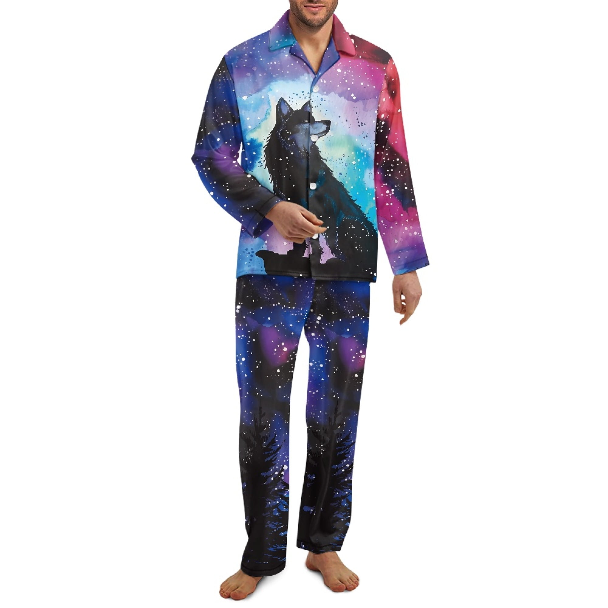 SEANATIVE Galaxy Wolf Pajamas for Men Long Sleeve Sleepwear Tops with ...
