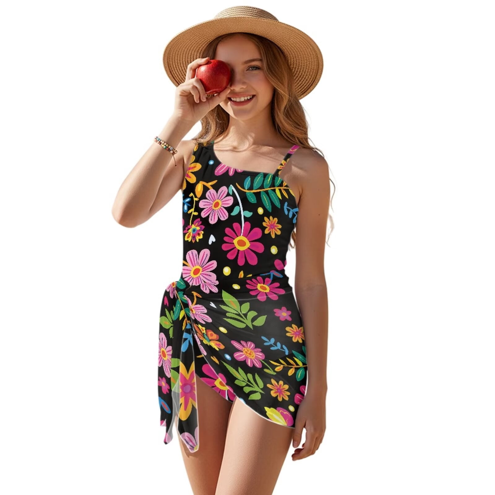 SEANATIVE Girls One-Piece Bathing Suit with Mesh Wrap Skirt Swimsuit ...