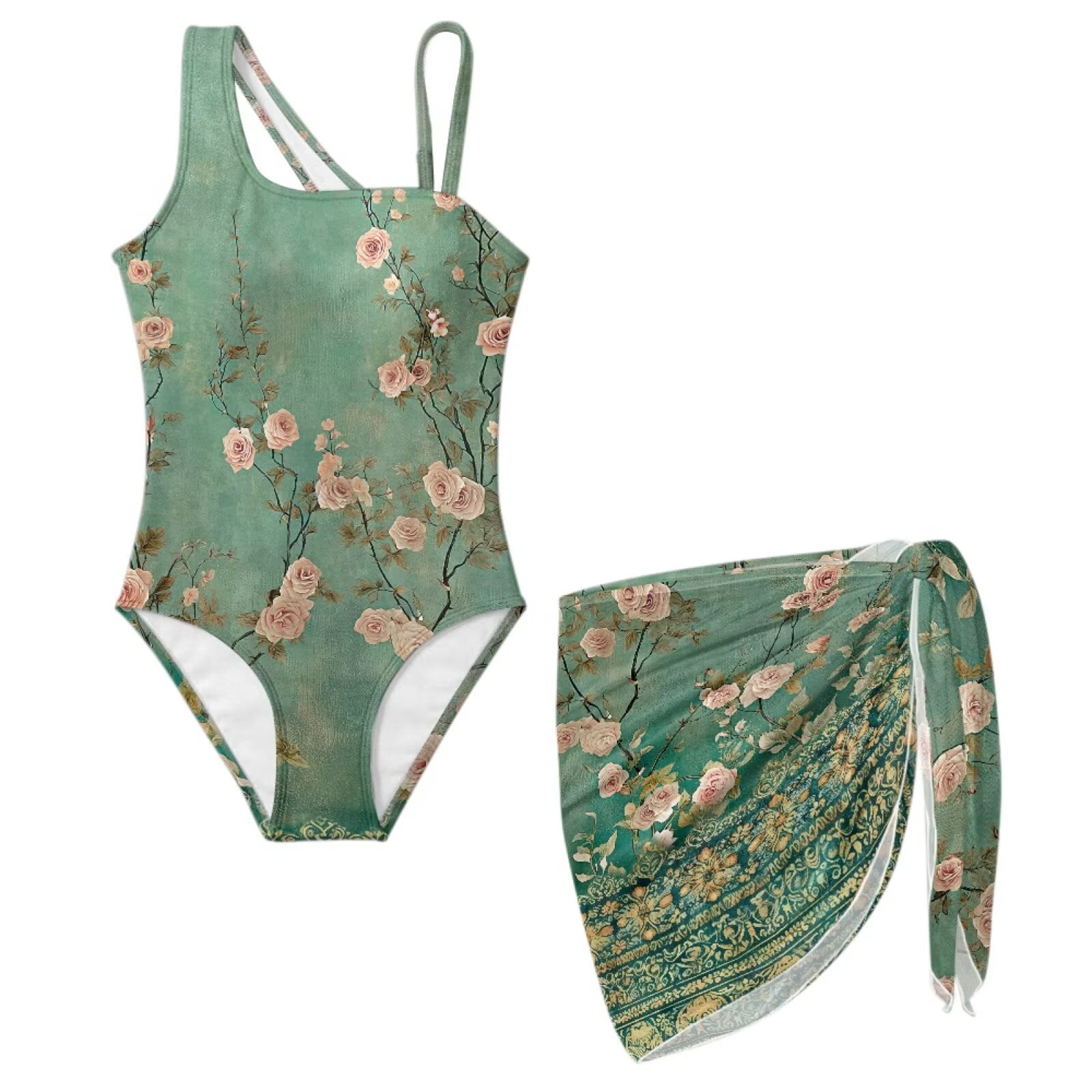 SEANATIVE Girls One-Piece Bathing Suit with Mesh Wrap Skirt Swimsuit ...