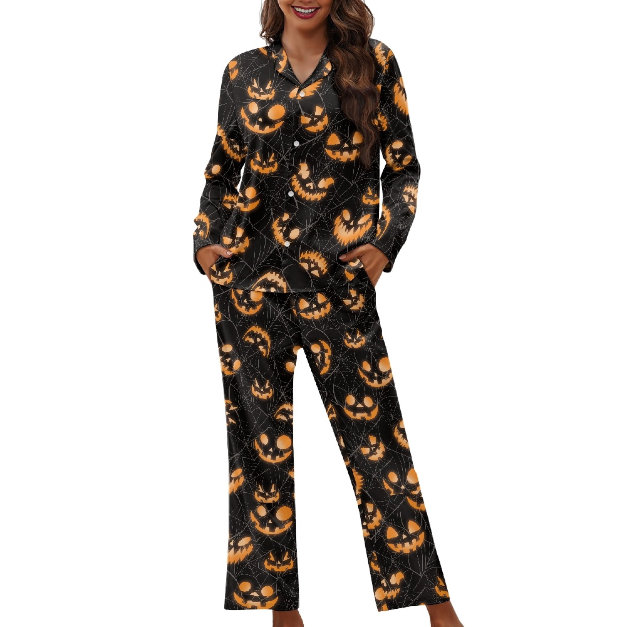 SEANATIVE Halloween Ghost Button Up Pajamas Orange Pajama Party Pajamas ...