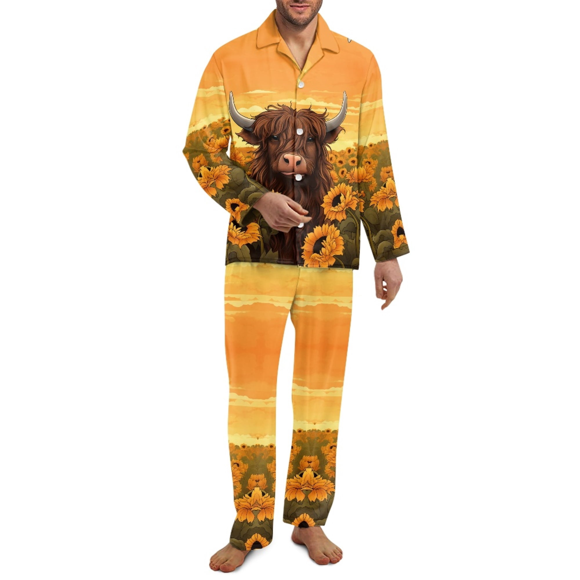 SEANATIVE Highland Cow Pajamas Men Sunflower Button Up Pajamas Plus ...