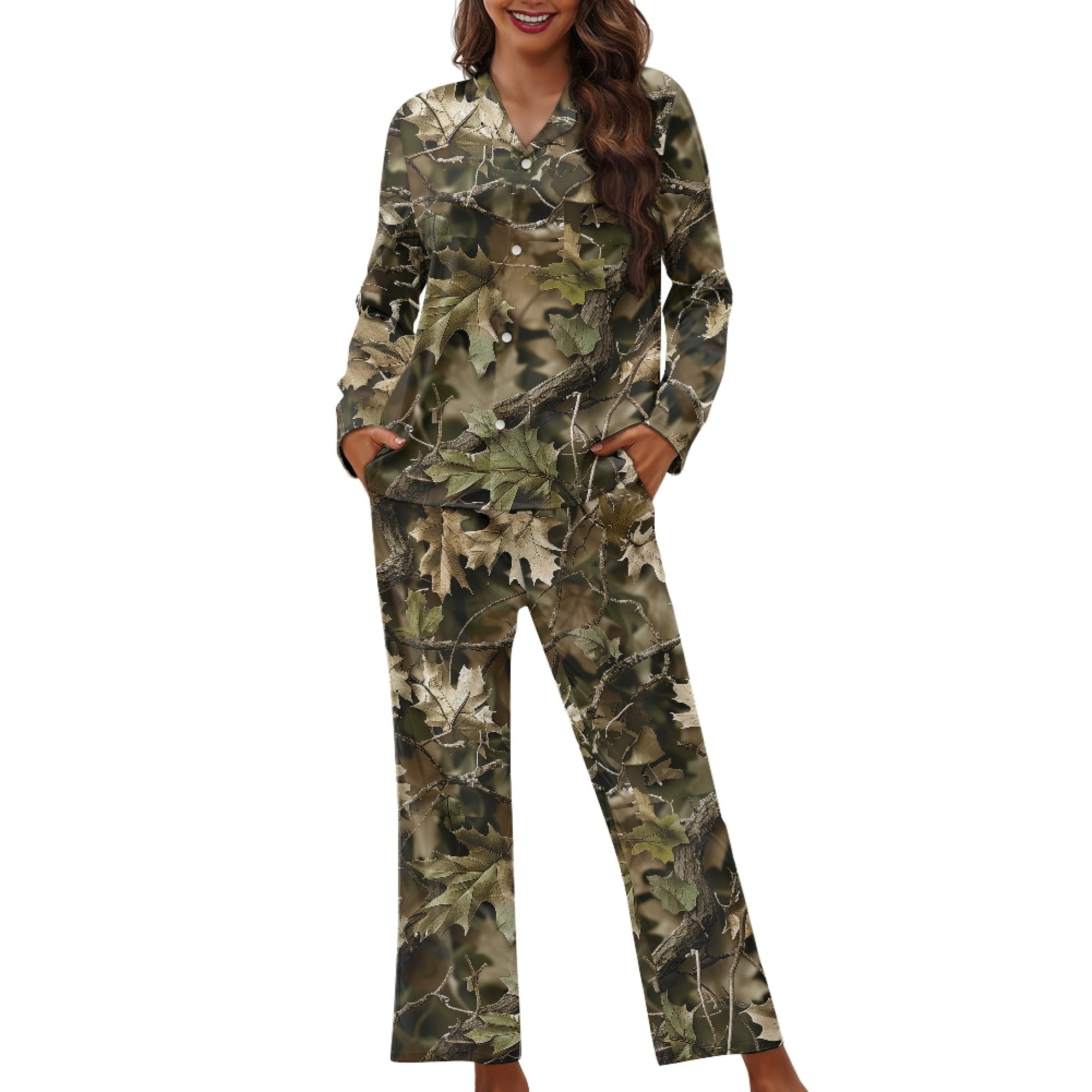 SEANATIVE Hunting Camo Womens Button Up Pajama Sets Size L Maple Wood ...