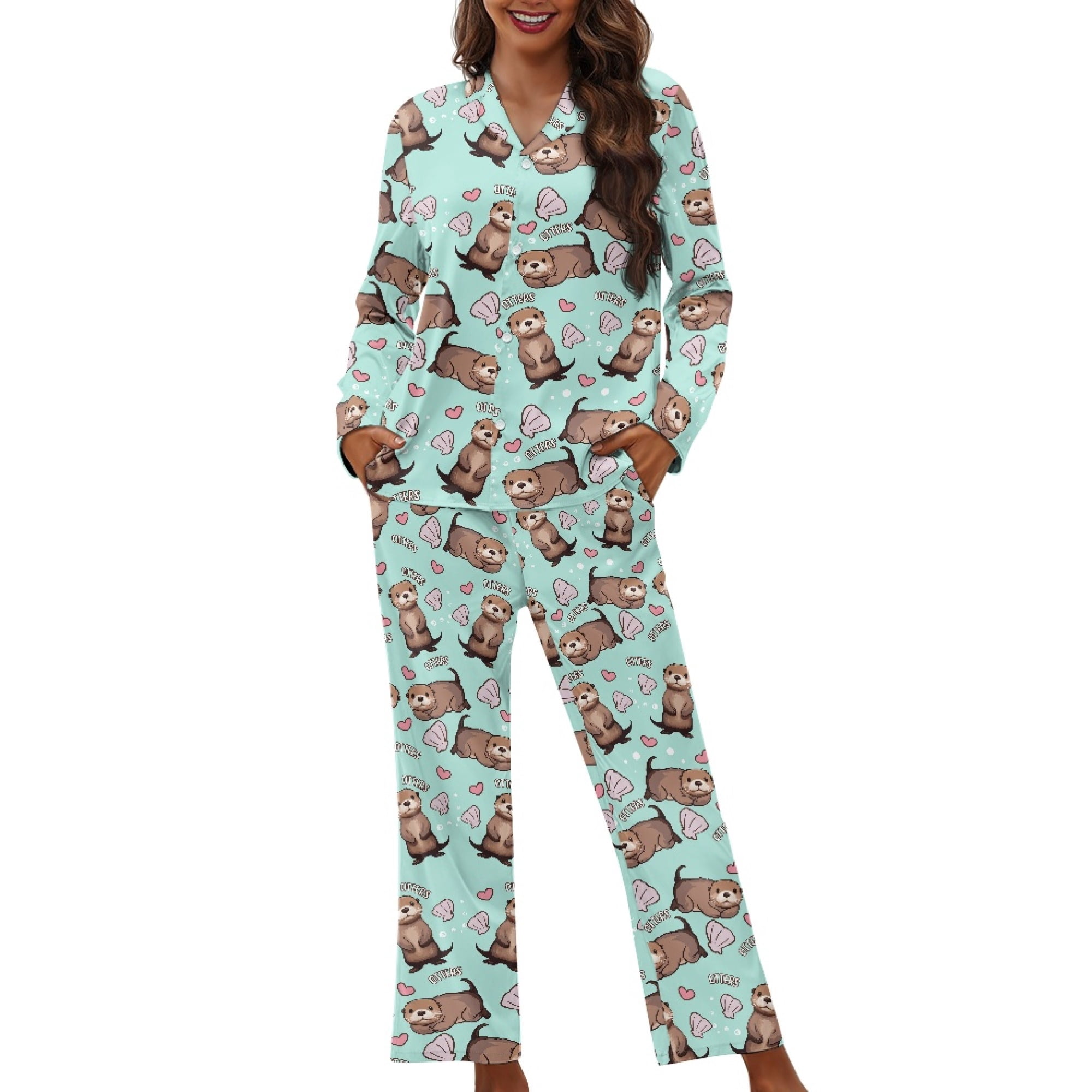 SEANATIVE Sea Otter Button Up Pajamas for Women Size XS Long Sleeve ...