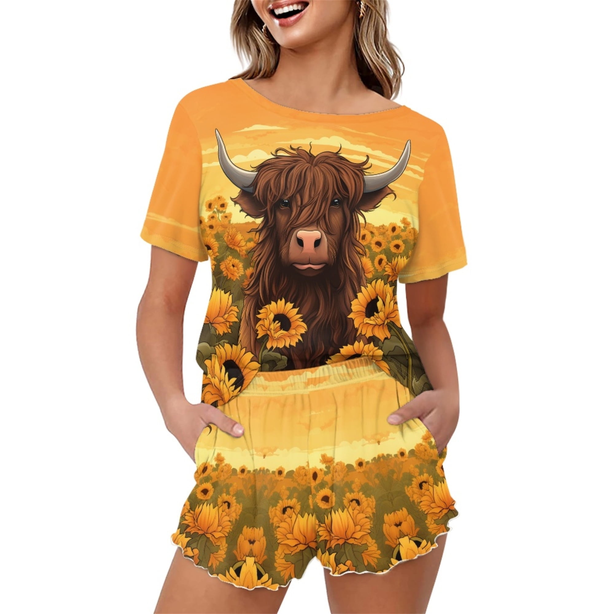 SEANATIVE Sunflower Highland Cow Pajamas Sets for Plus Size Women 3X ...
