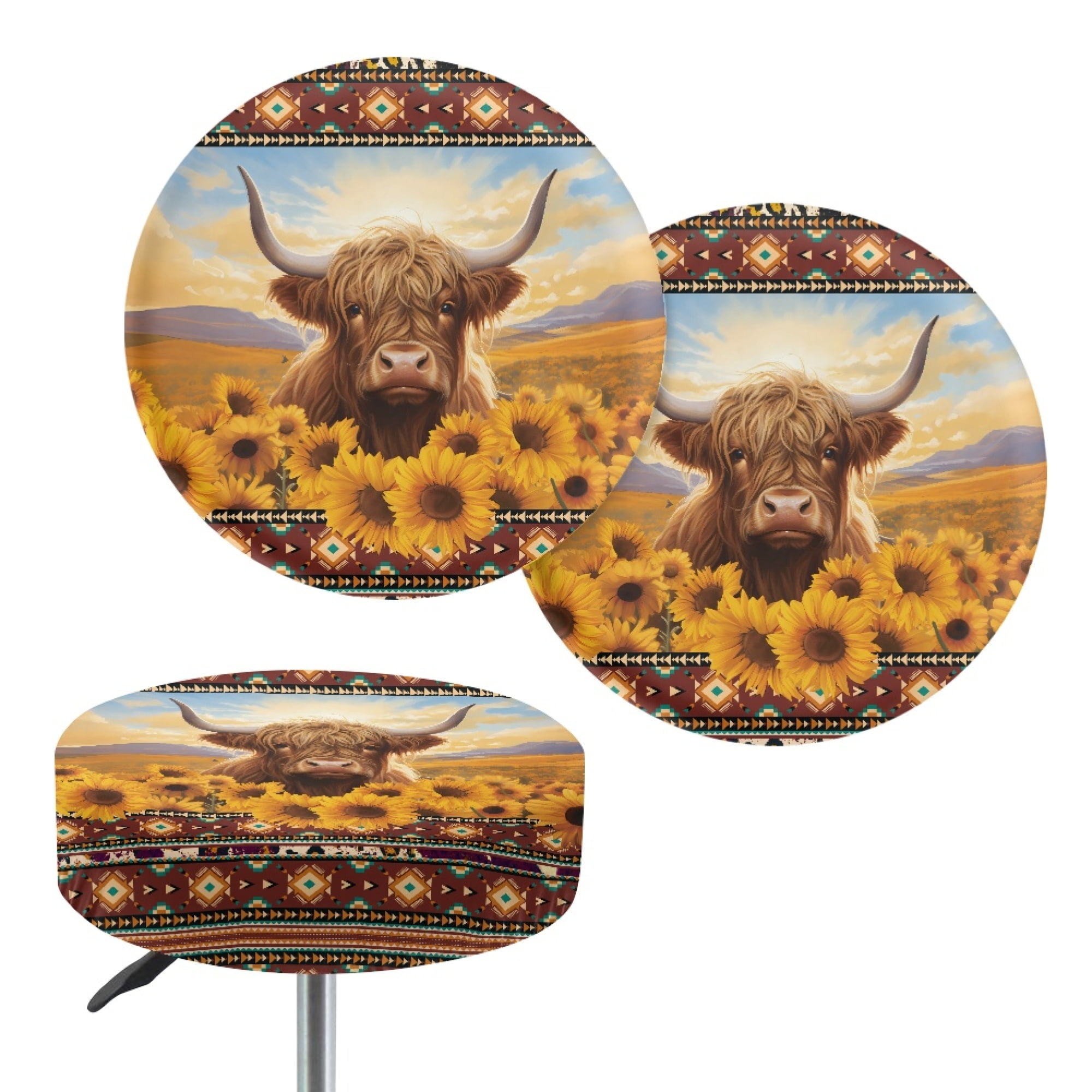 SEANATIVE Sunflower Highland Cow Round Stool Cover Reusable Round Stool ...