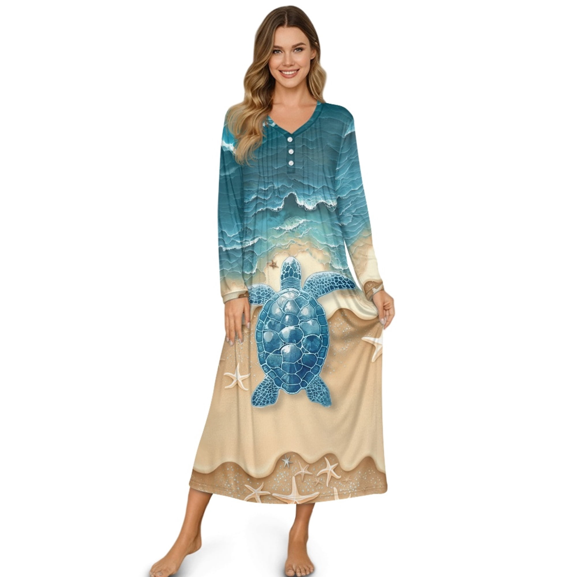 SEANATIVE Women's Long Sleeve Nightgown Cozy Full-Length Nightshirts ...