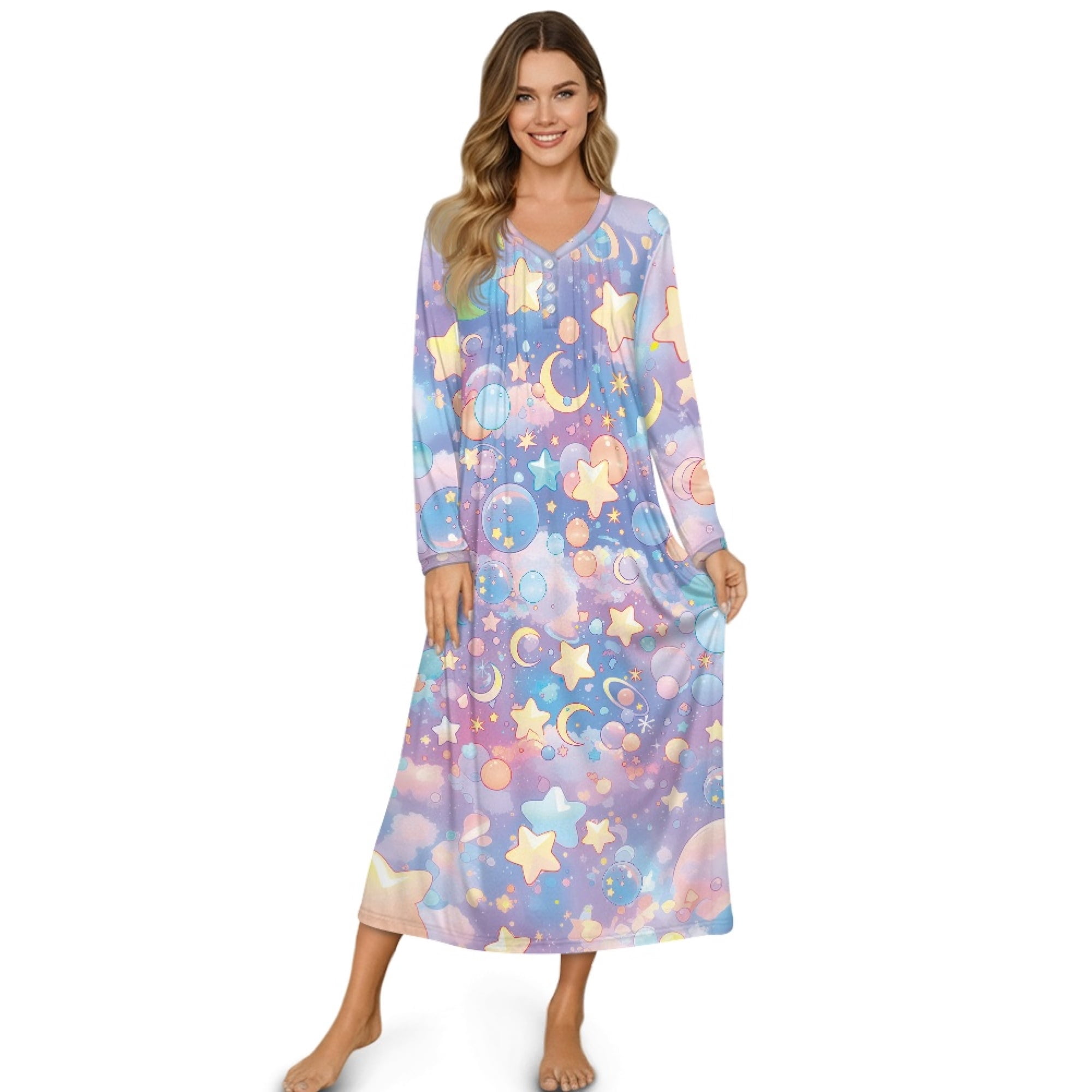 SEANATIVE Women's Long Sleeve Nightgown Cozy Full-Length Nightshirts ...