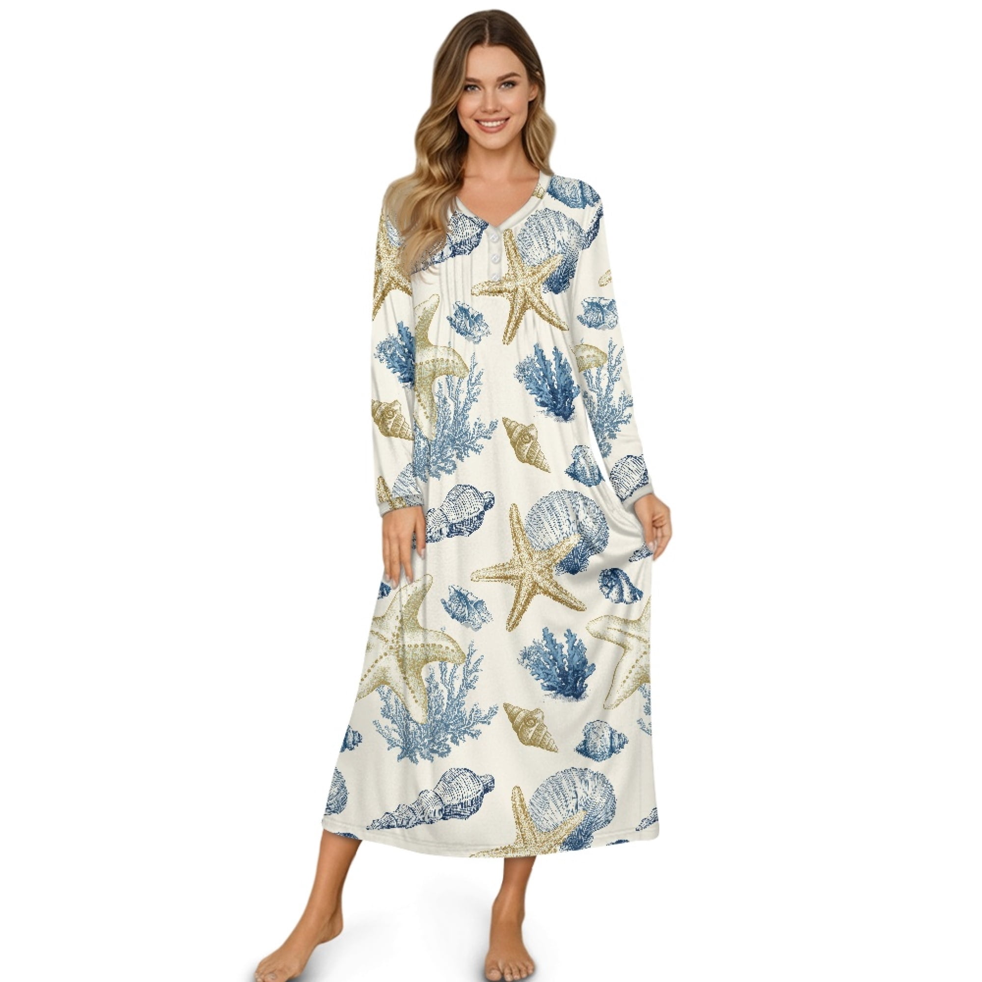 SEANATIVE Women's Long Sleeve Nightgown V Neck Pajama Dress Soft Button ...