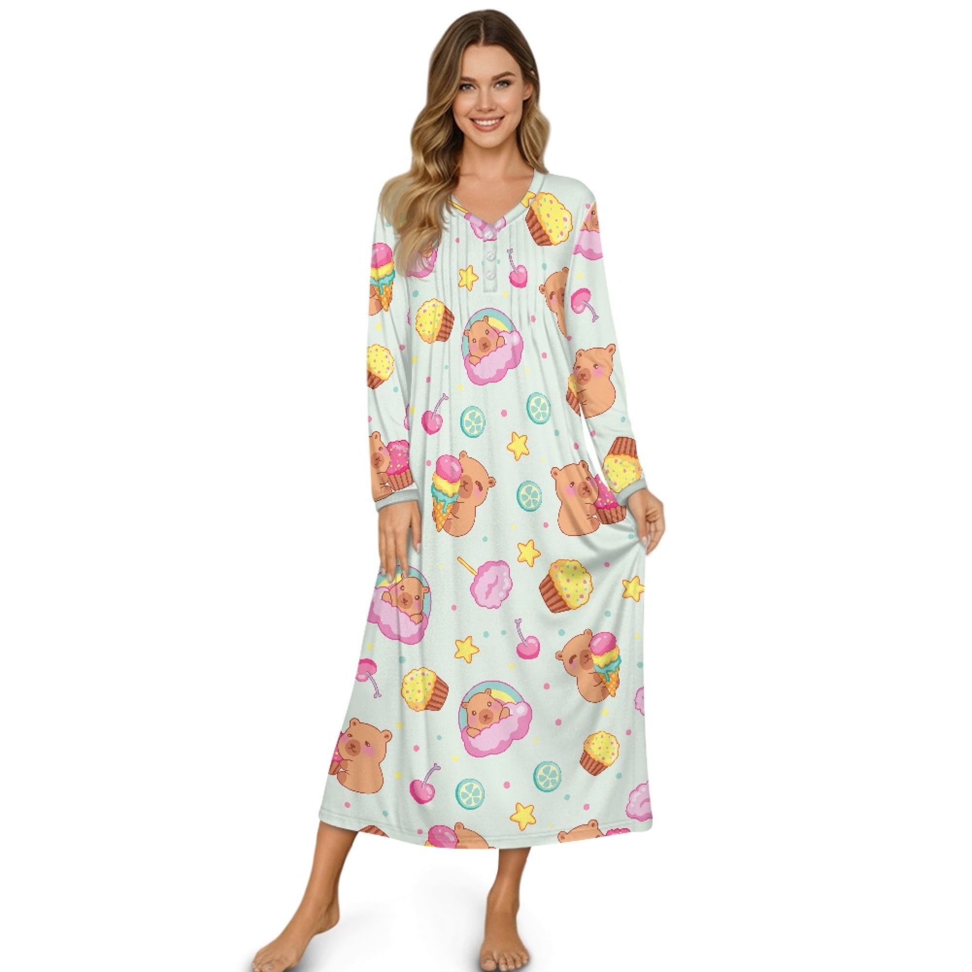 SEANATIVE Women's Nightdress Button Front Nightgown Long Sleeve Pajama ...