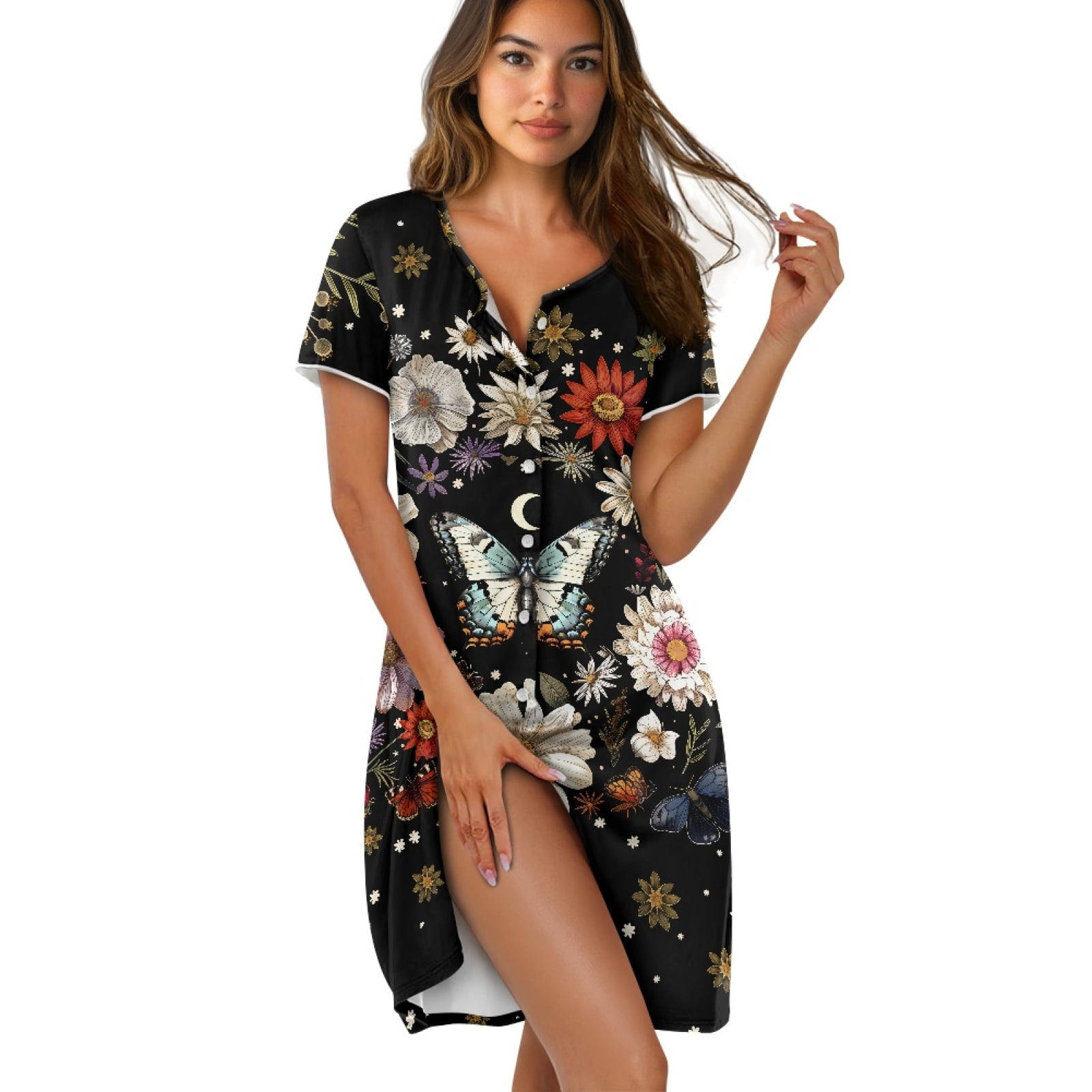 SEANATIVE Women's Nightgowns Button Closure Short Sleeve Nightwear ...