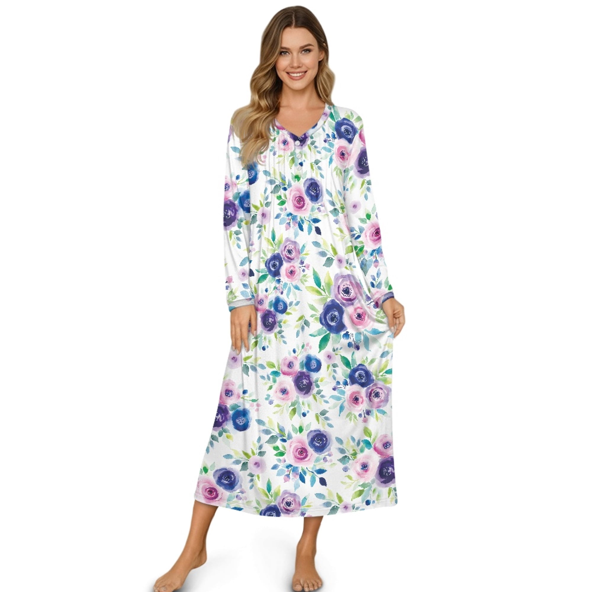 SEANATIVE Women's Nightshirt with Button Front Cozy Long Sleeve Pajama ...