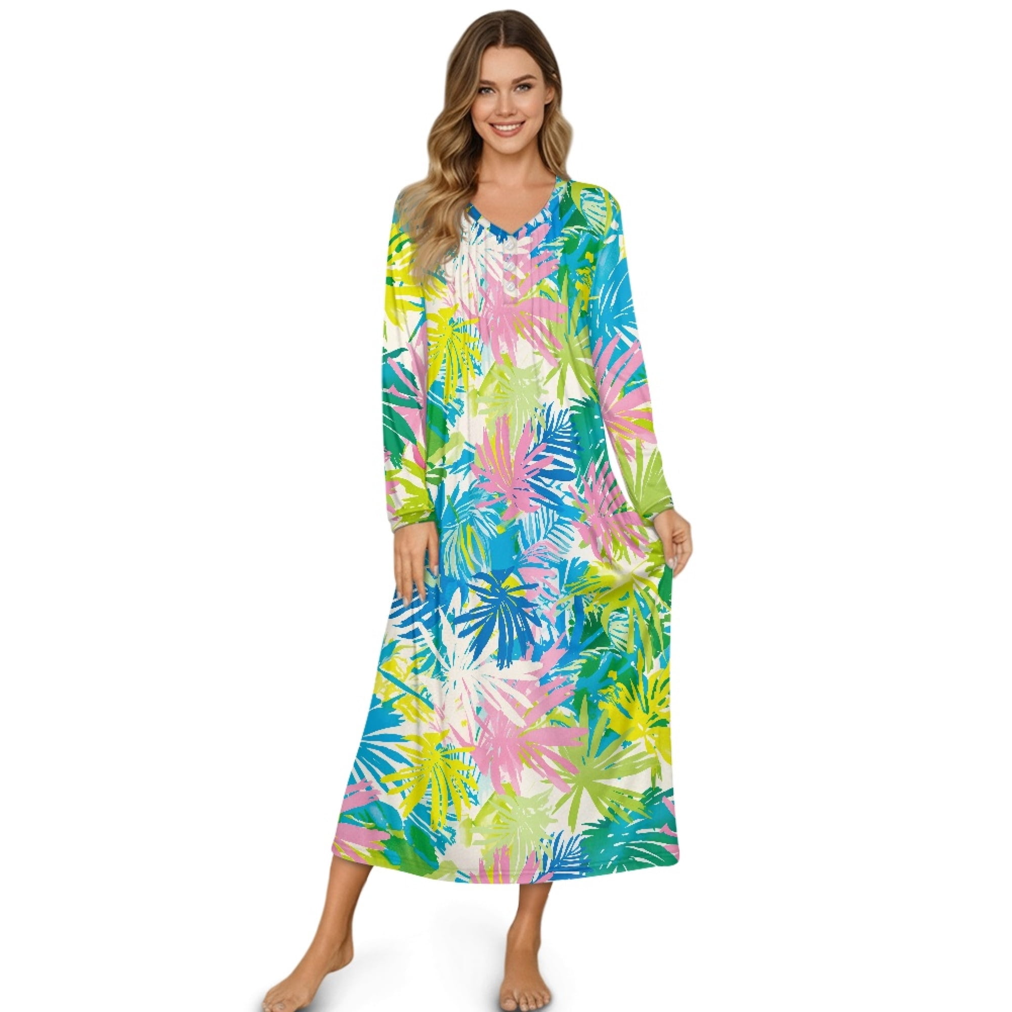 SEANATIVE Women's Nightshirt with Button Front Cozy Long Sleeve Pajama ...