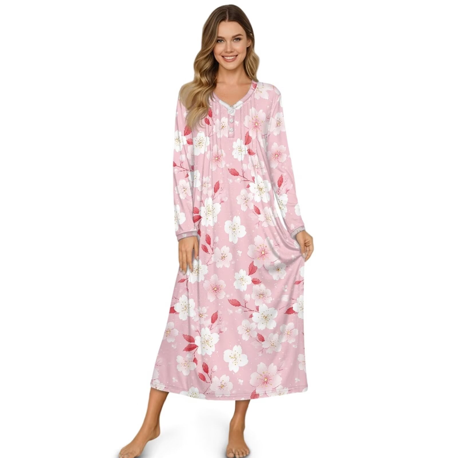 SEANATIVE Women's Nightshirt with Button Front Cozy Long Sleeve Pajama ...