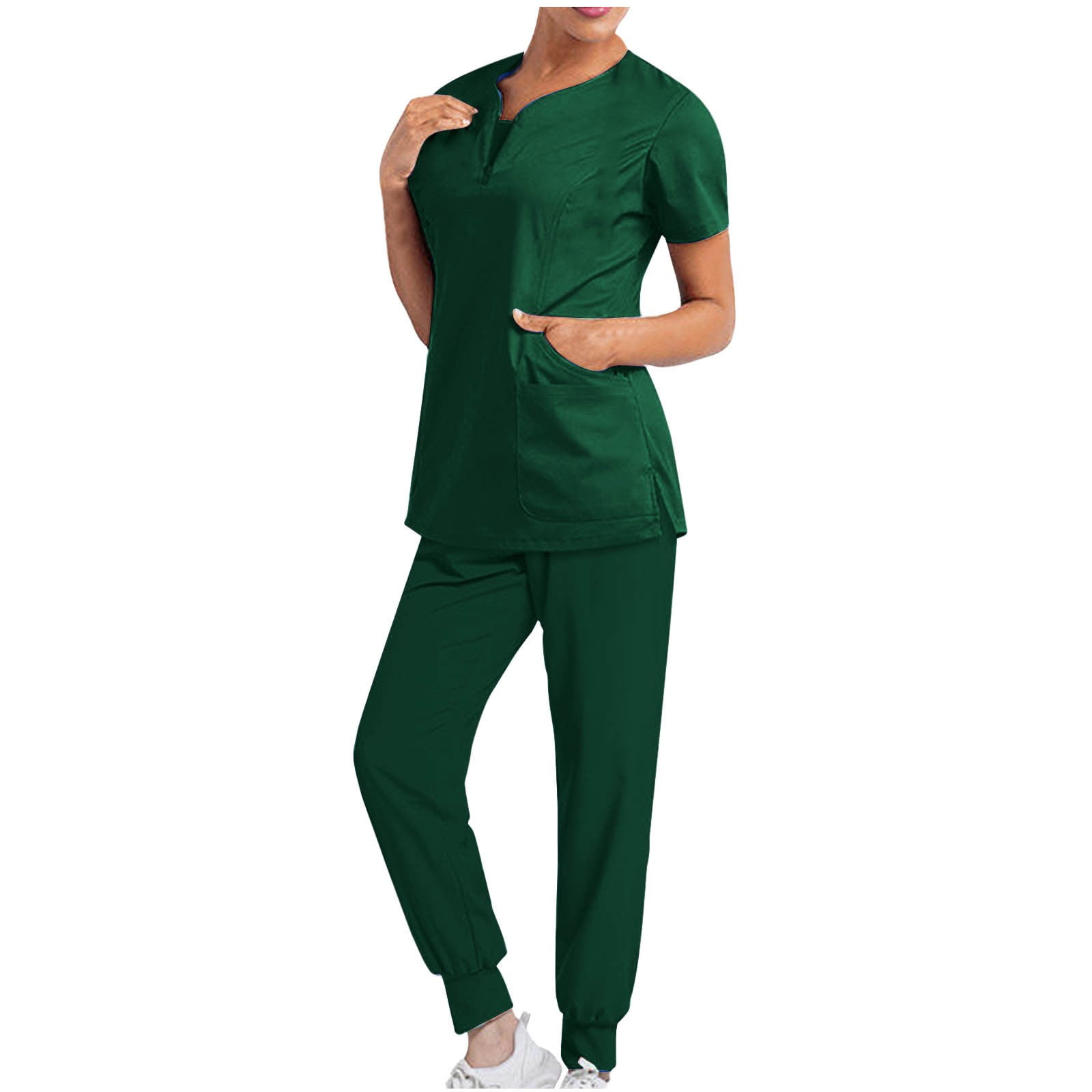SEAOPEN Deals Basic Scrub Set for Women Slim V-Neck Scrub Top Skinny Cargo Scrub Pants Fall ...