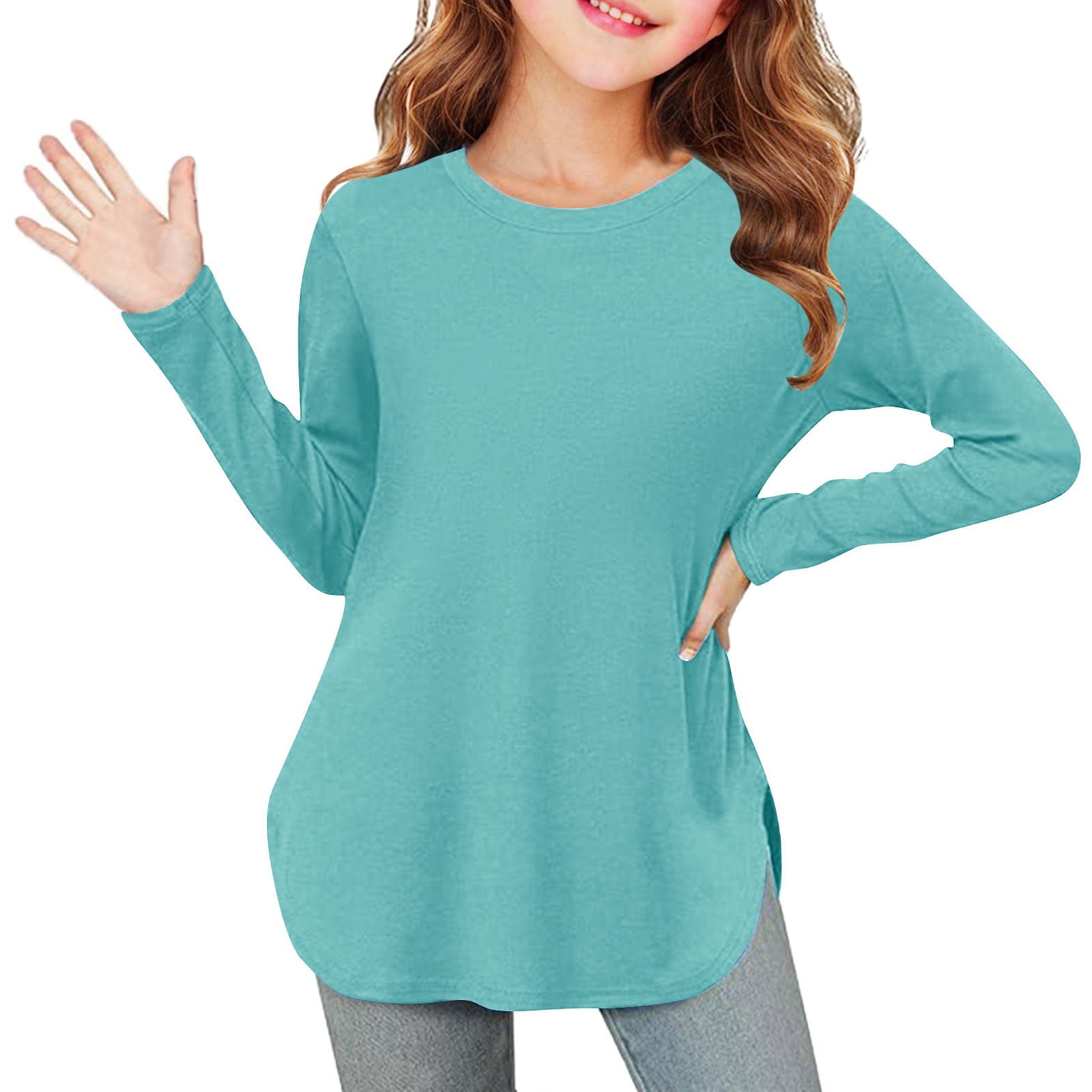 SEAOPEN Girls Long Sleeve Shirts Kids Curve Hem Side Slit Soft Tunic ...