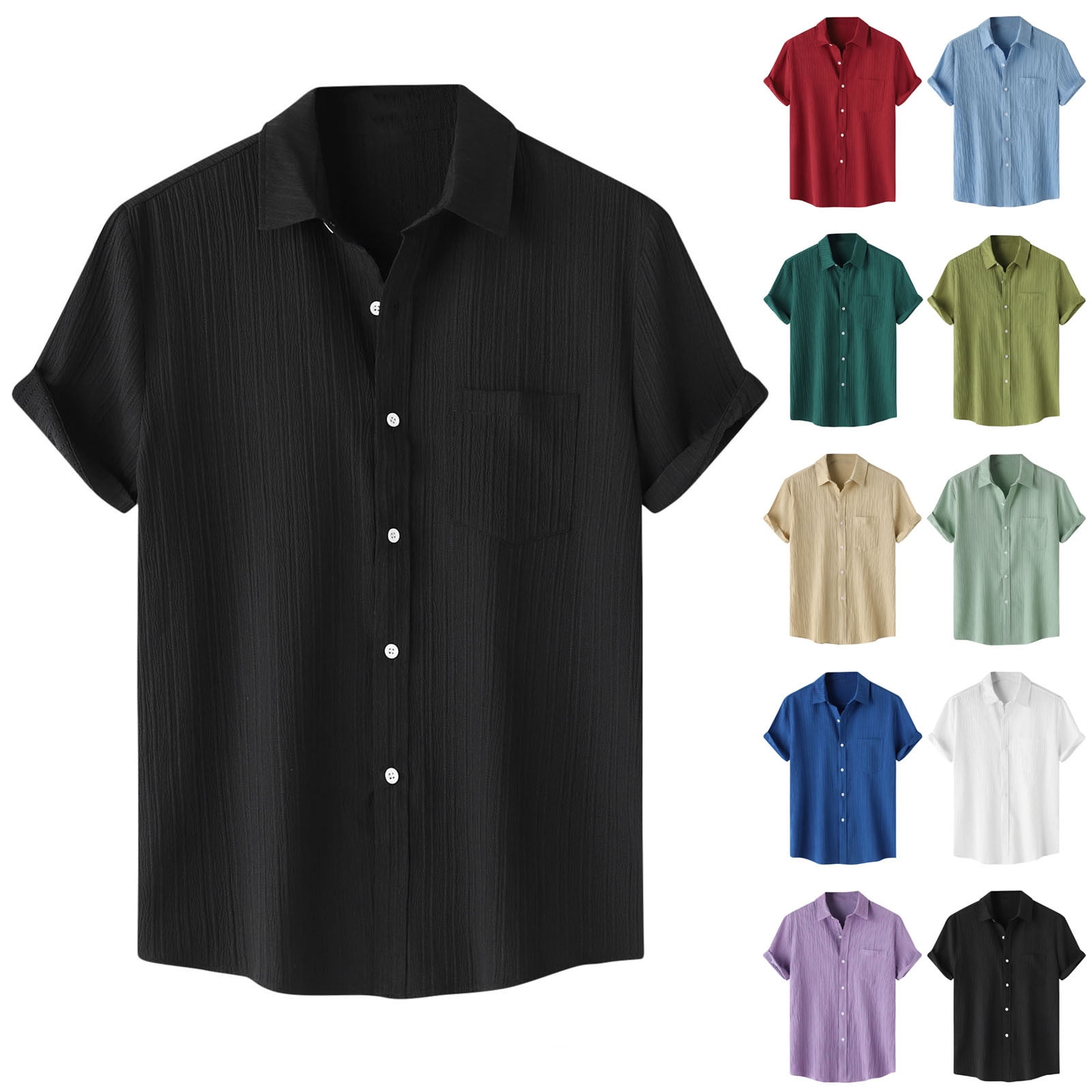 SEAOPEN Men Casual Solid Turndown Short Sleeve Button Closure Shirt ...