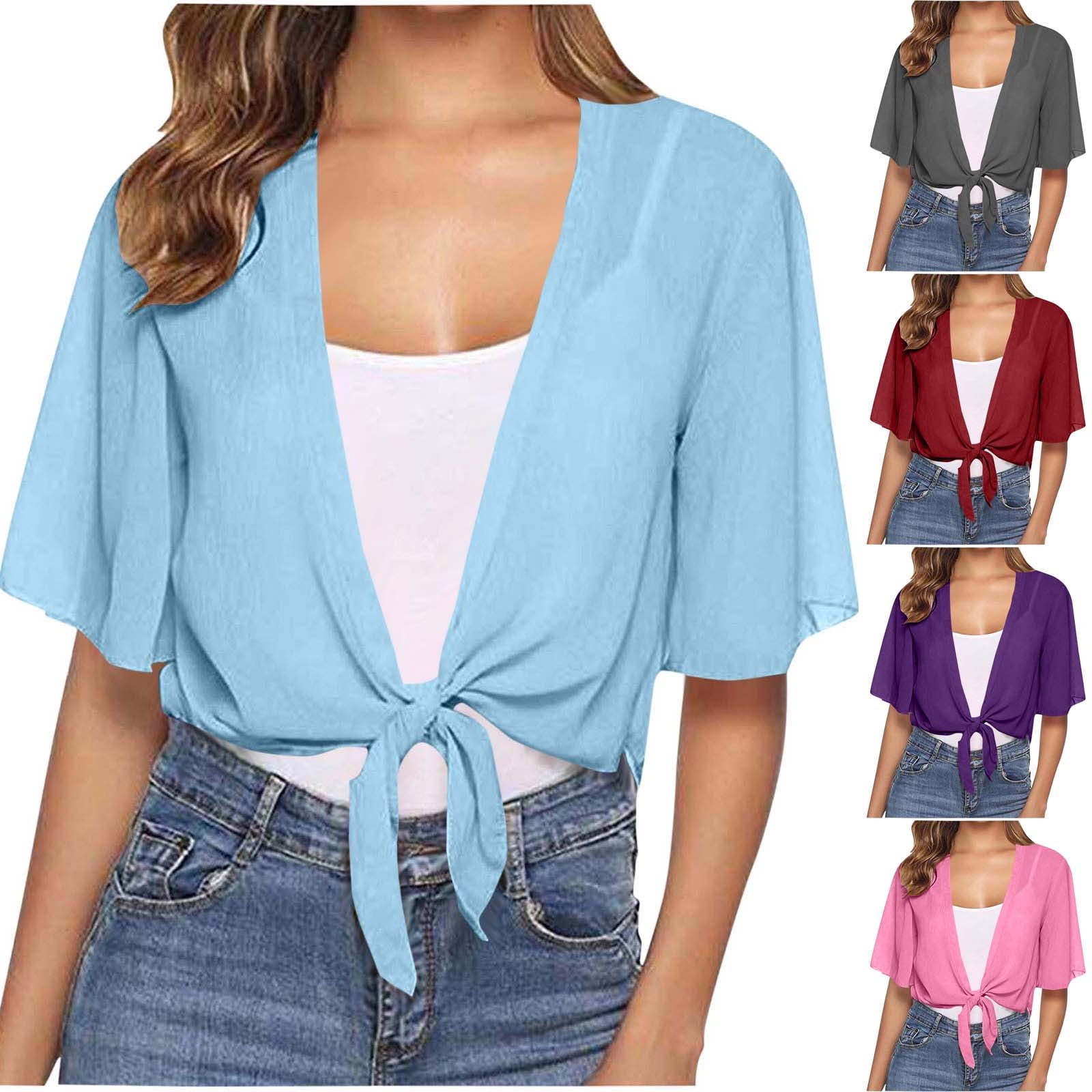 SEAOPEN Women Tie Front Chiffon Shrug Short Sleeve Cropped Sheer Shrug ...
