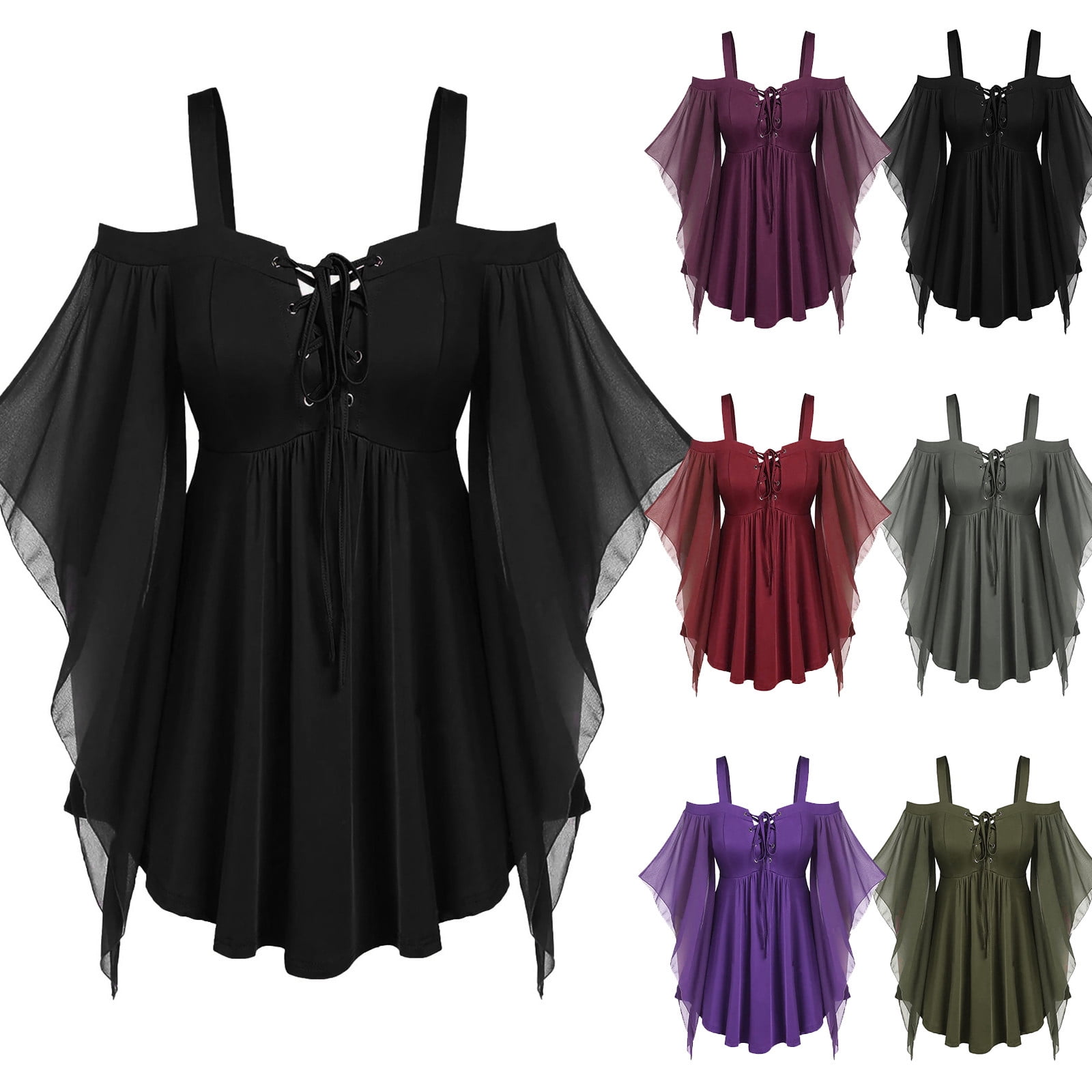 SEAOPEN Gothic Tops for Women Cold Shoulder Vintage Witch Blouse Bell ...