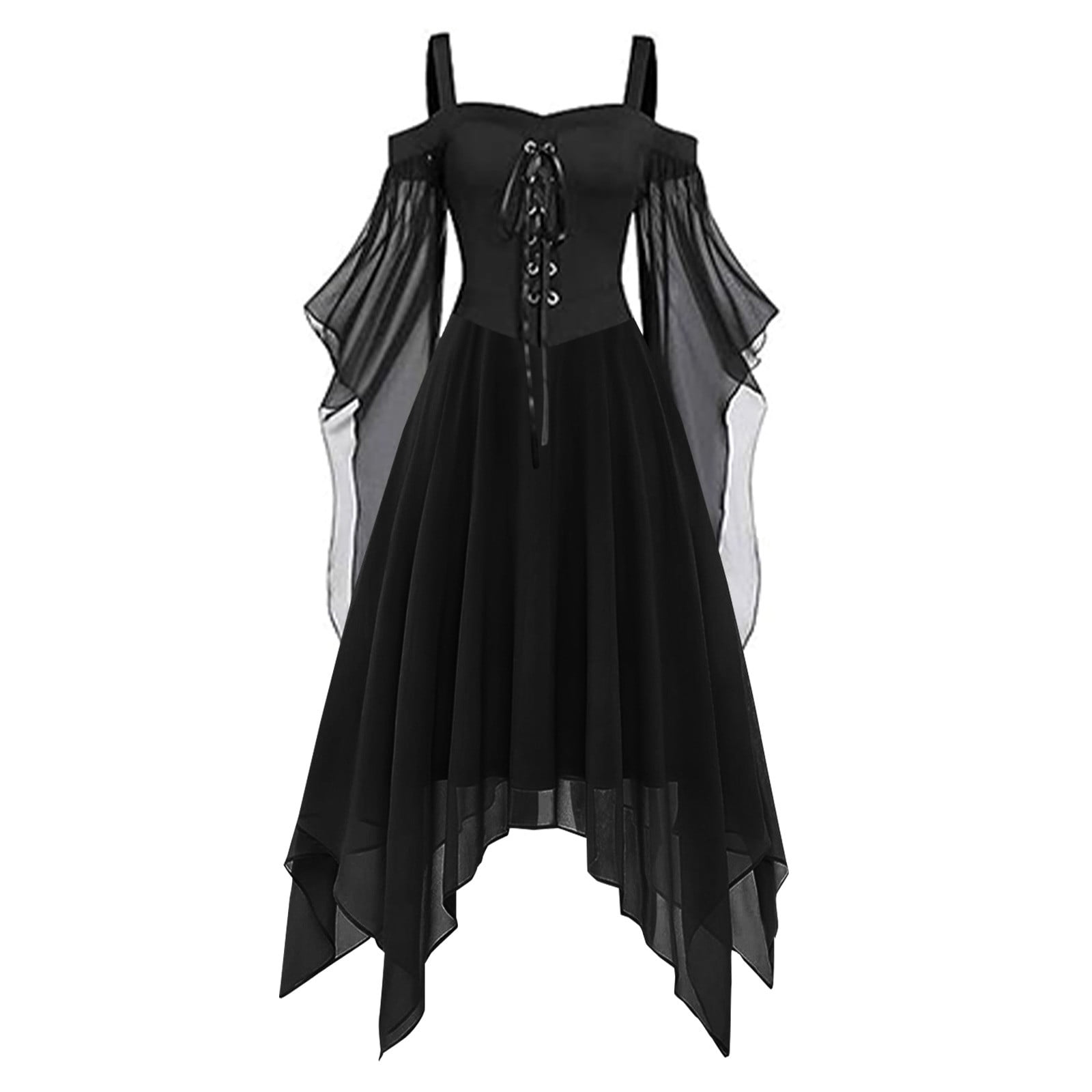 SEAOPEN Gothic Vintage Vampire Dress for Women Flare Sleeve High Waist ...