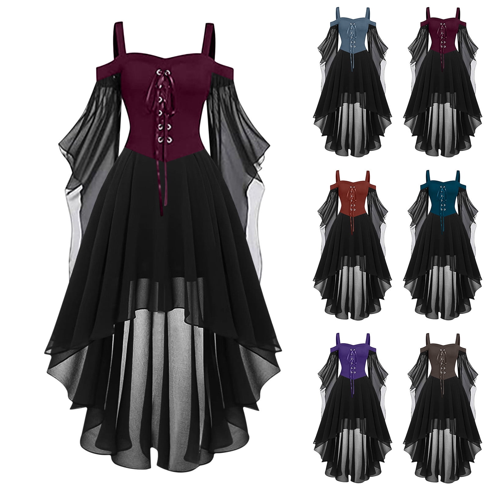 SEAOPEN Halloween Costume Women Lace Up Cold Shoulder Medieval Renaissance Corset Dress Witch ...