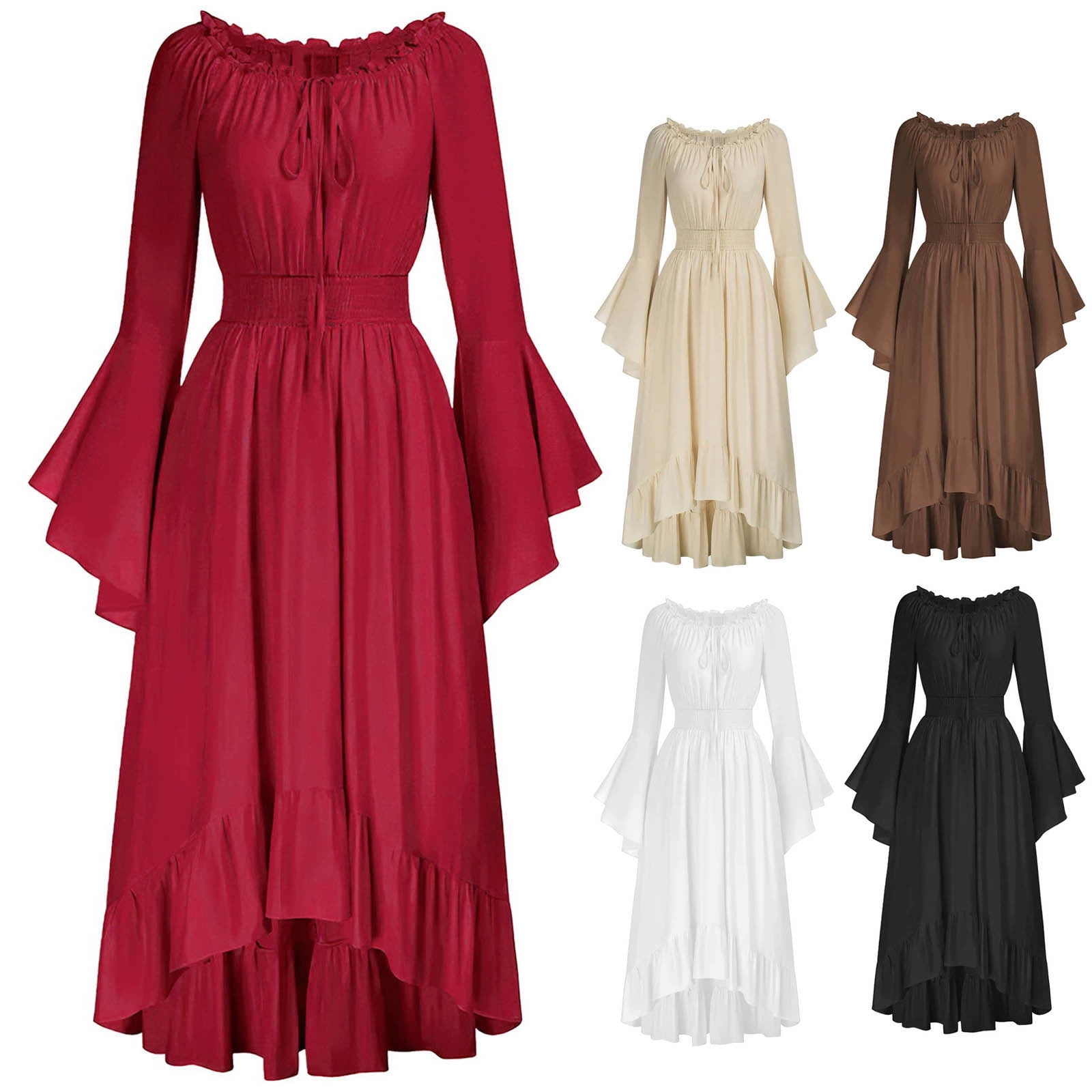 SEAOPEN Renaissance Fairy Costume Women Off Shoulder Bell Sleeve Dress Medieval Chemise Dress ...