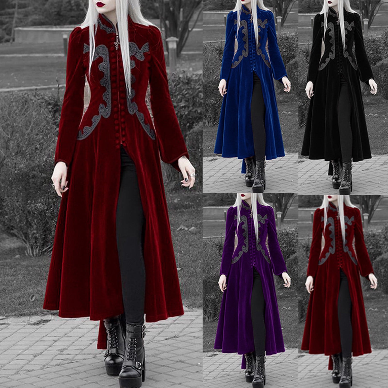 SEAOPEN Women Renaissance Costume Velvet Zip Up Stand Collar Maxi Dress ...