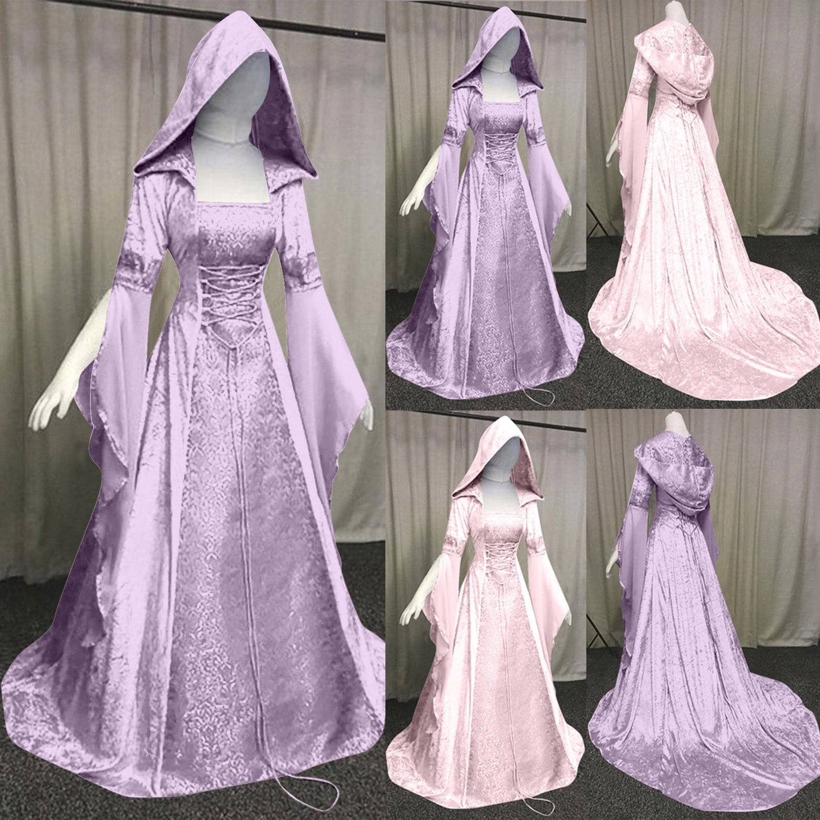 SEAOPEN Women's Gothic Witch Dress with Hood Medieval Costume Lace Up ...