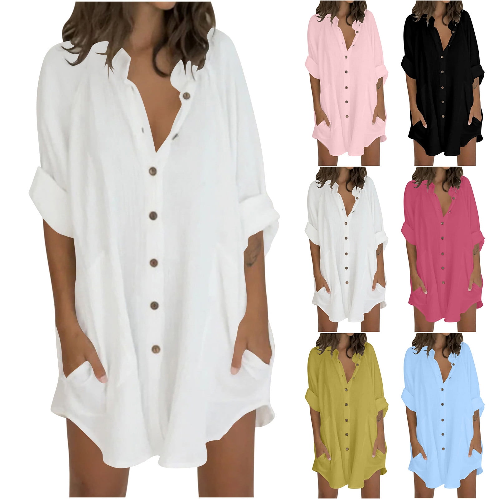 SEAOPEN Womens Button Down Shirts Collar 3/4 Sleeve Shirt with Pocket Cotton Linen Gauze Tops ...