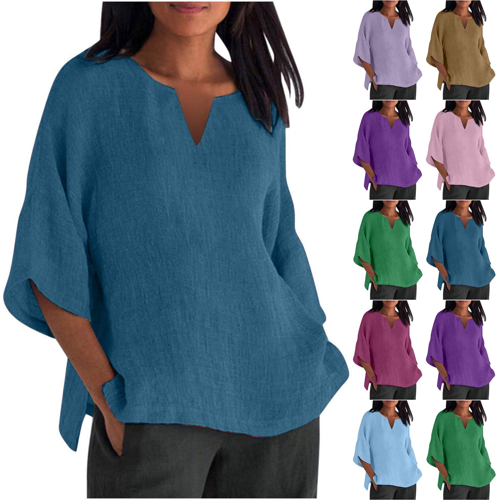 SEAOPEN Womens Cotton Linen Summer Tops 3/4 Length Sleeve Tunic Blouses ...