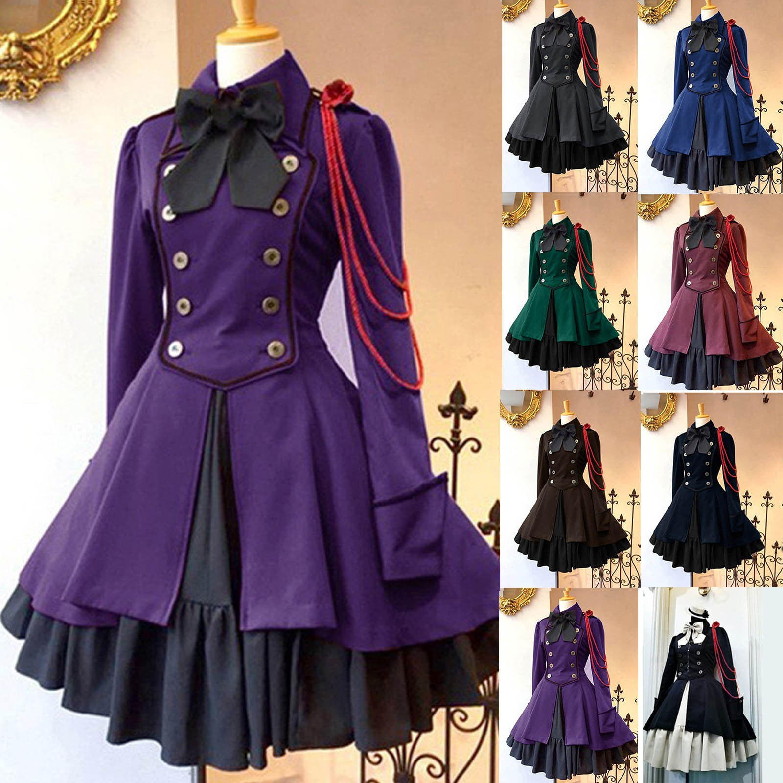SEAOPEN Womens Lolita Gothic Dress with Vintage Bow Ruffle Steampunk ...