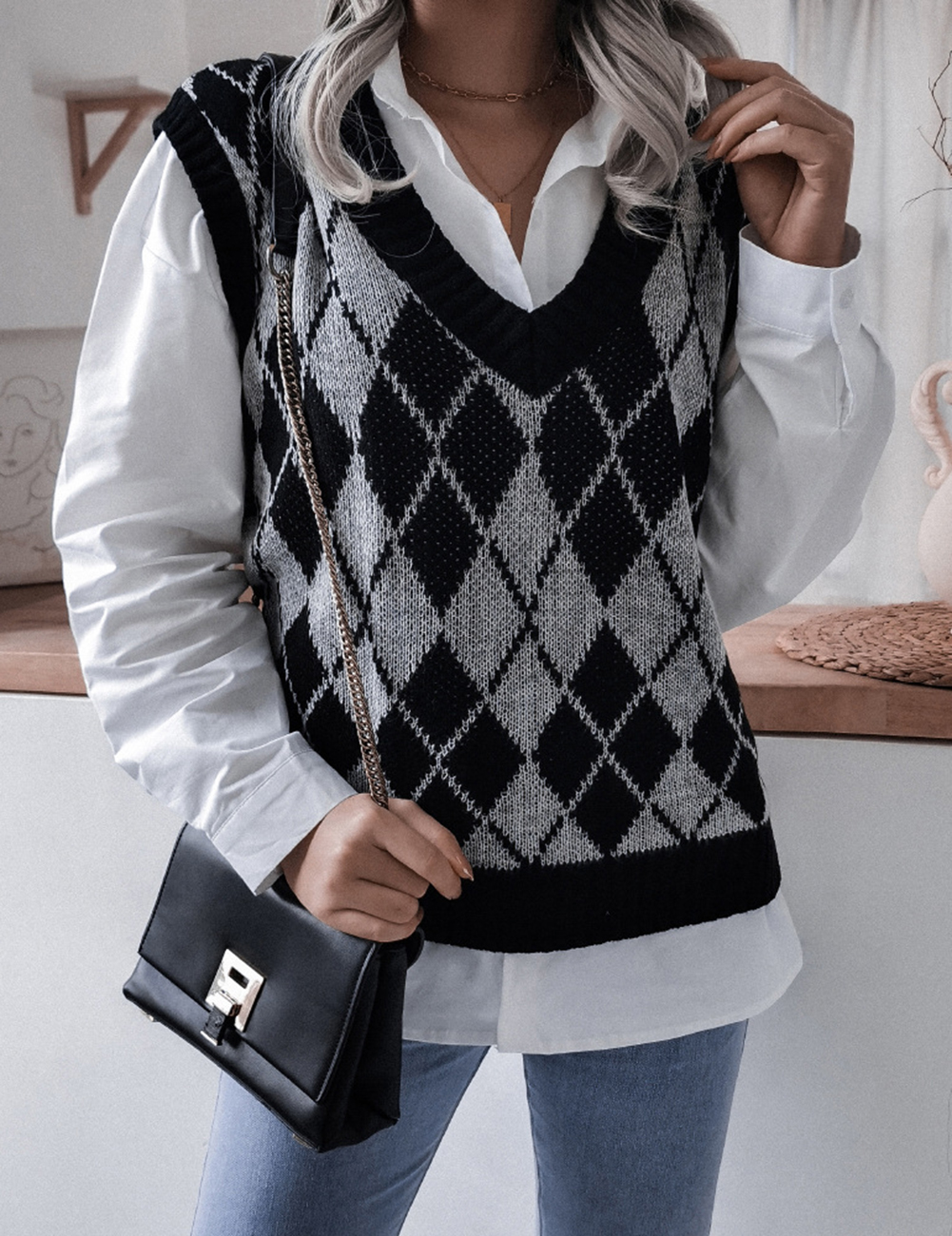 SEARIPE Women Color Block Knit Vest Casual Sleeveless V-neck Argyle ...