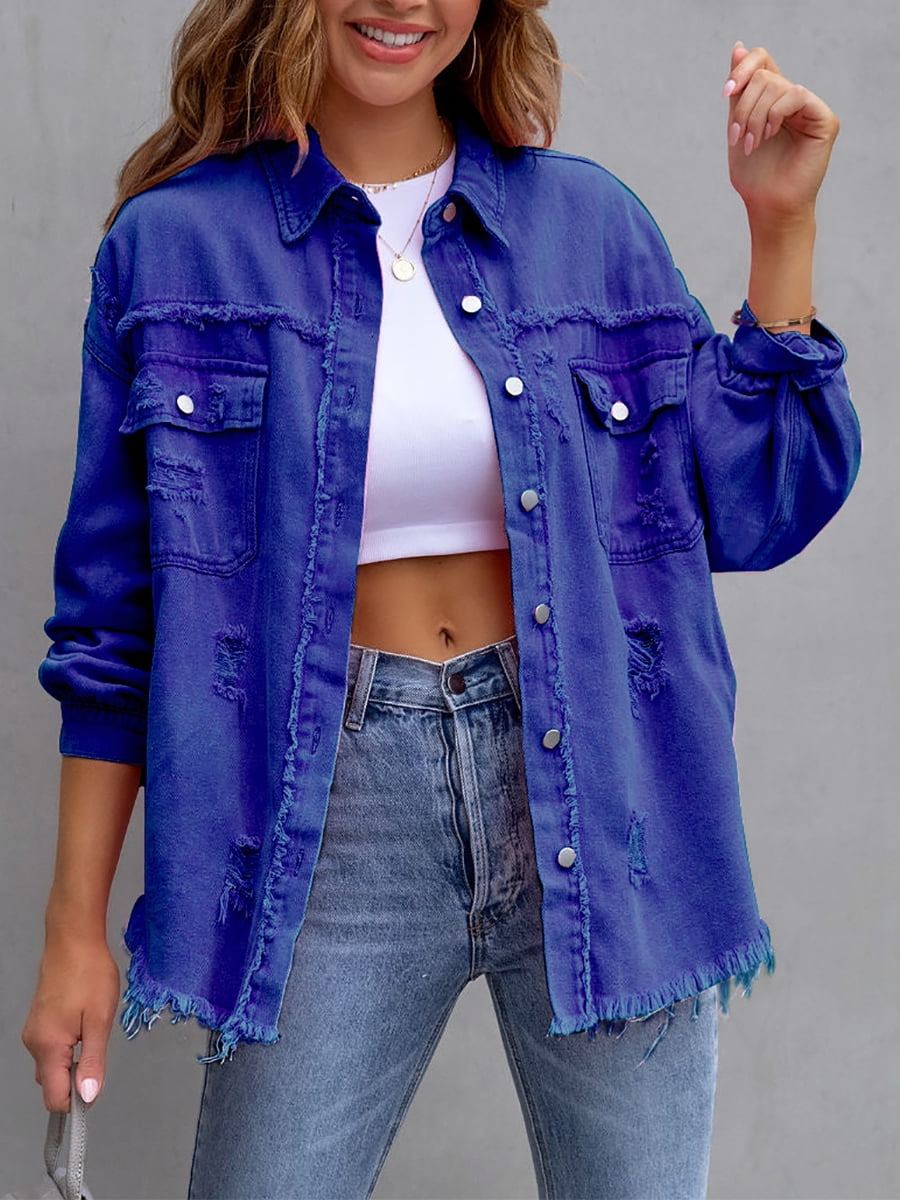 SEARIPE Women's Casual Denim Jacket Frayed Hem Ripped Long Sleeve Jean ...