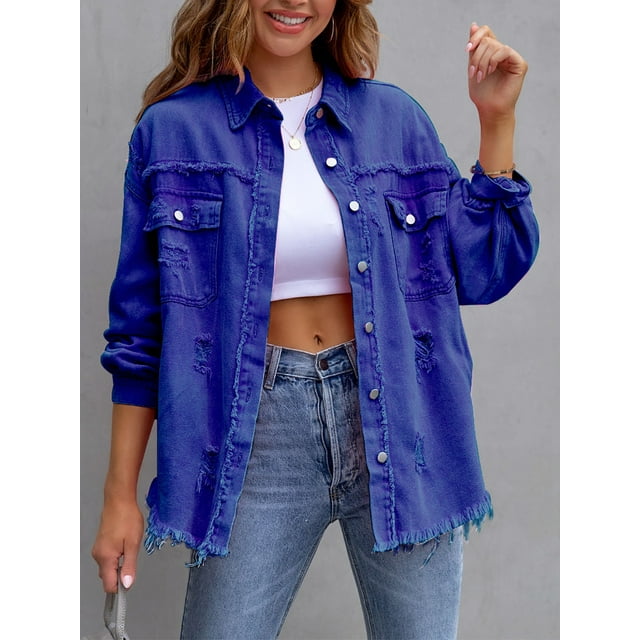 SEARIPE Women's Casual Denim Jacket Frayed Hem Ripped Long Sleeve Jean Jacket With Pockets Blue ...