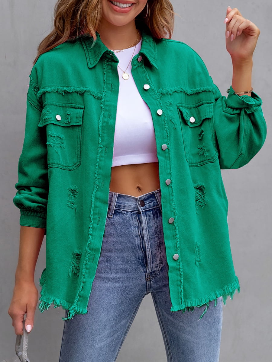 SEARIPE Women's XL Lightweight Denim Jacket, Casual, Frayed Hem, Ripped ...