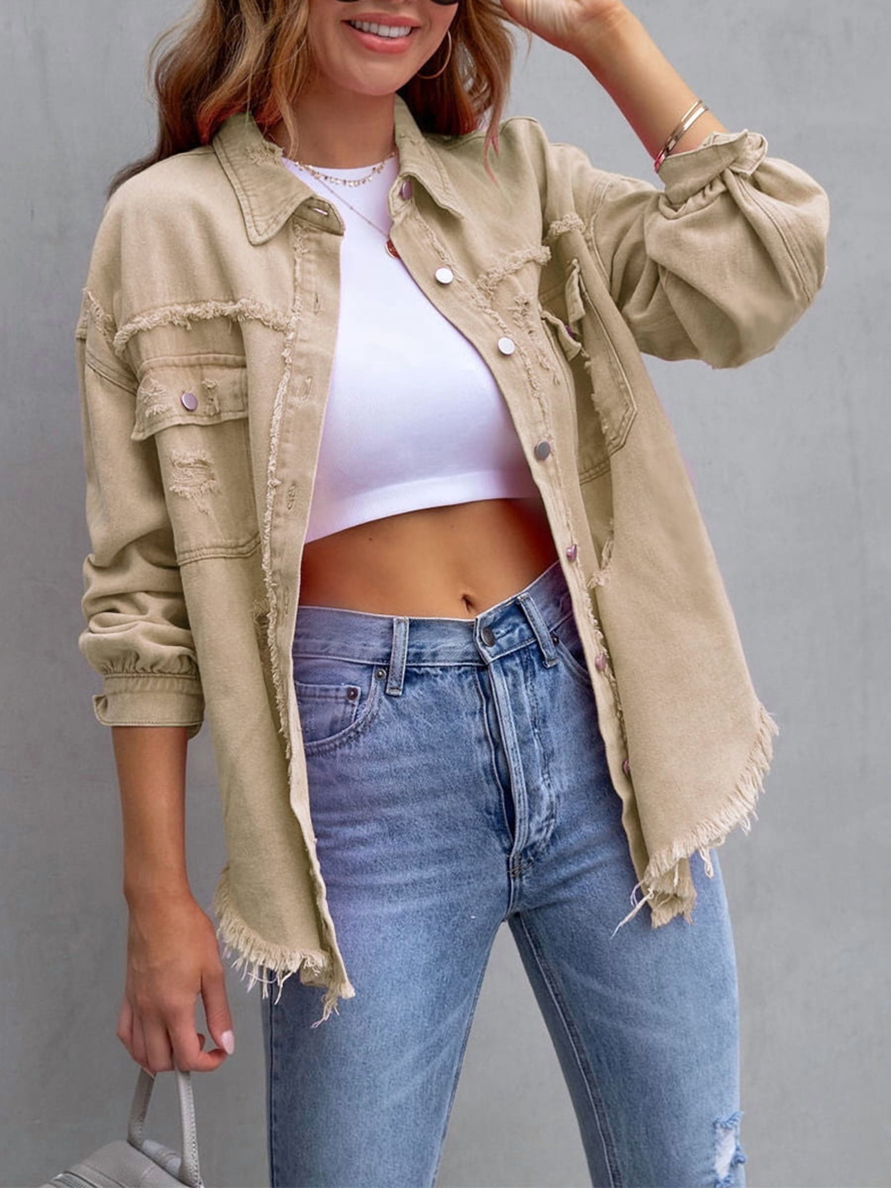 SEARIPE Women's Trucker Style Casual Denim Jacket, Frayed Hem Ripped ...