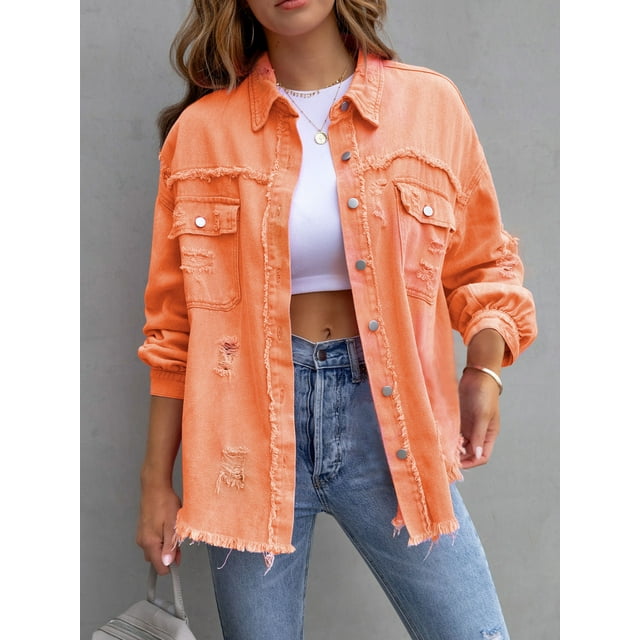 SEARIPE Women's Casual Denim Jacket Frayed Hem Ripped Long Sleeve Jean Jacket With Pockets ...